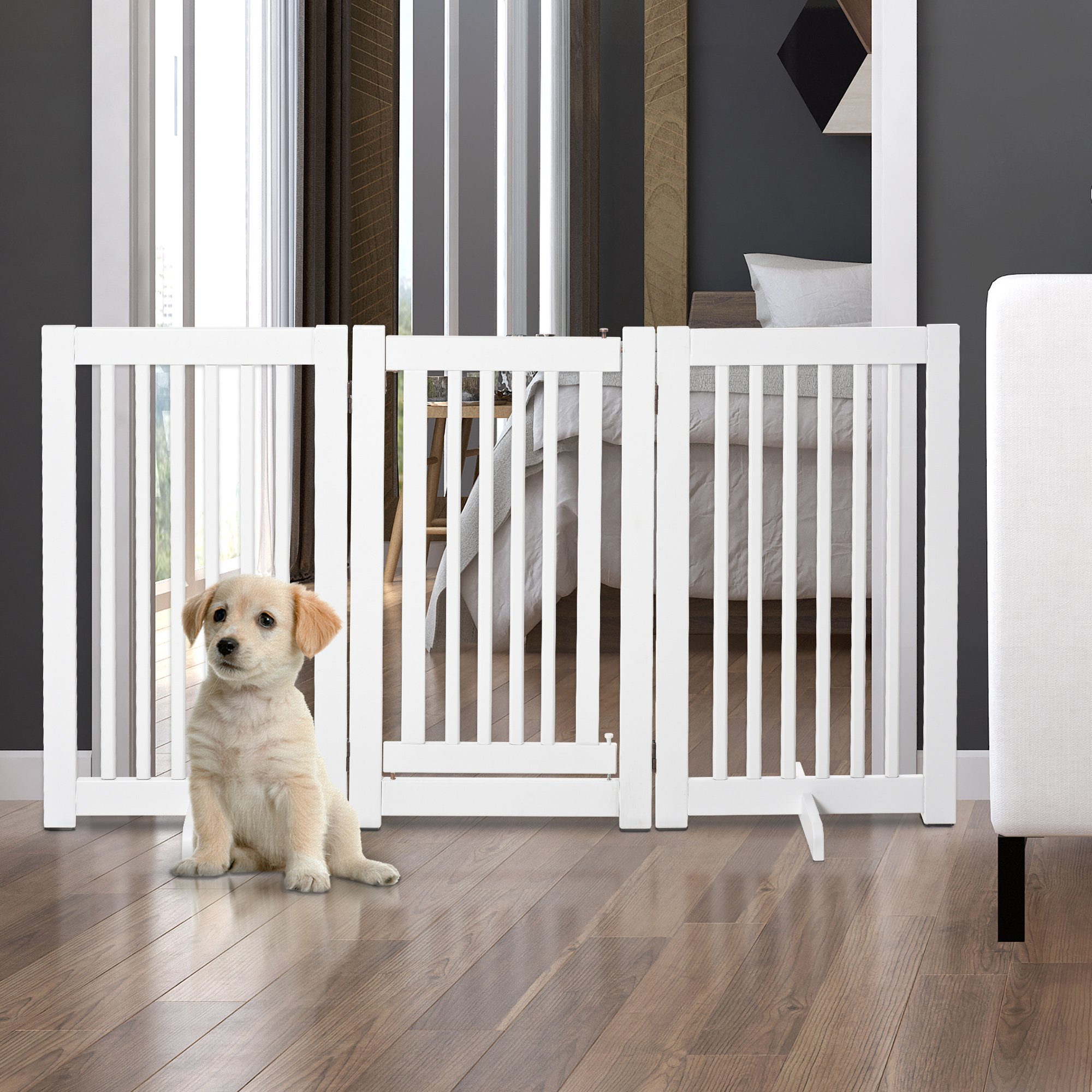 PawHut Free Standing Wooden Pet Gate Indoor Dog Barrier Foldable Step ...