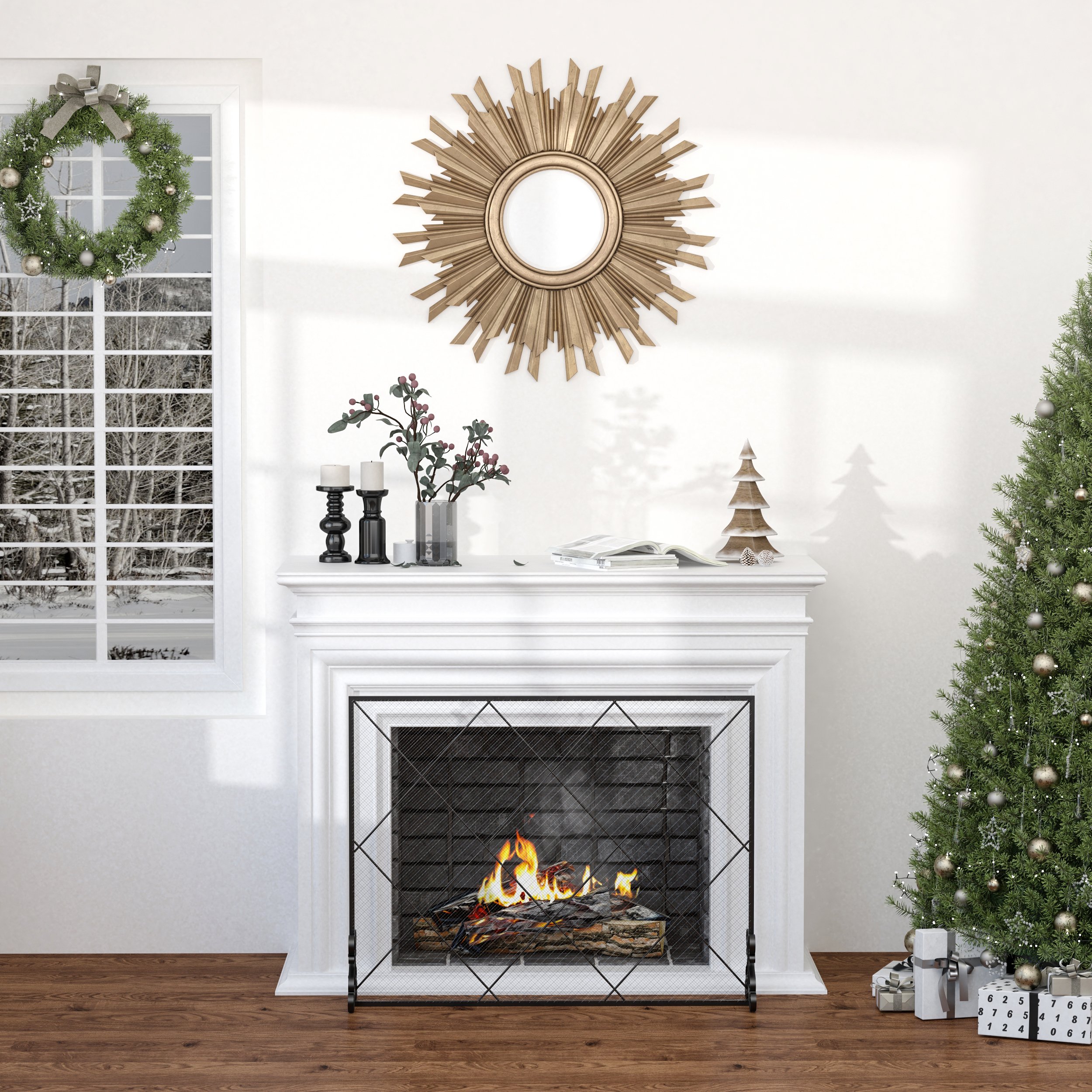 HOMCOM Single-Panel Fireplace Mesh Screen Cover, Steel Fire Spark Guard ...