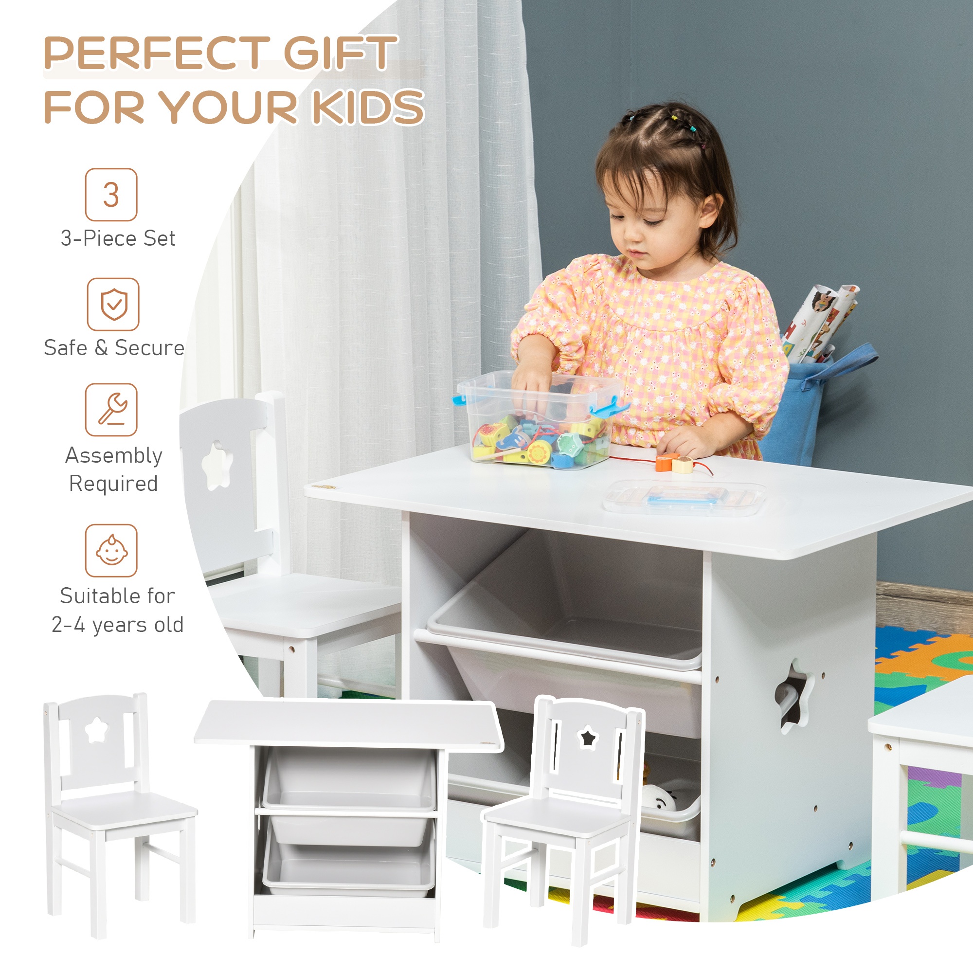Qaba 3 Piece Kids Table and Chair Set Writing Desk with Storage Boxes Hollow Star Design for Toddler Activities 2 4 Years old White