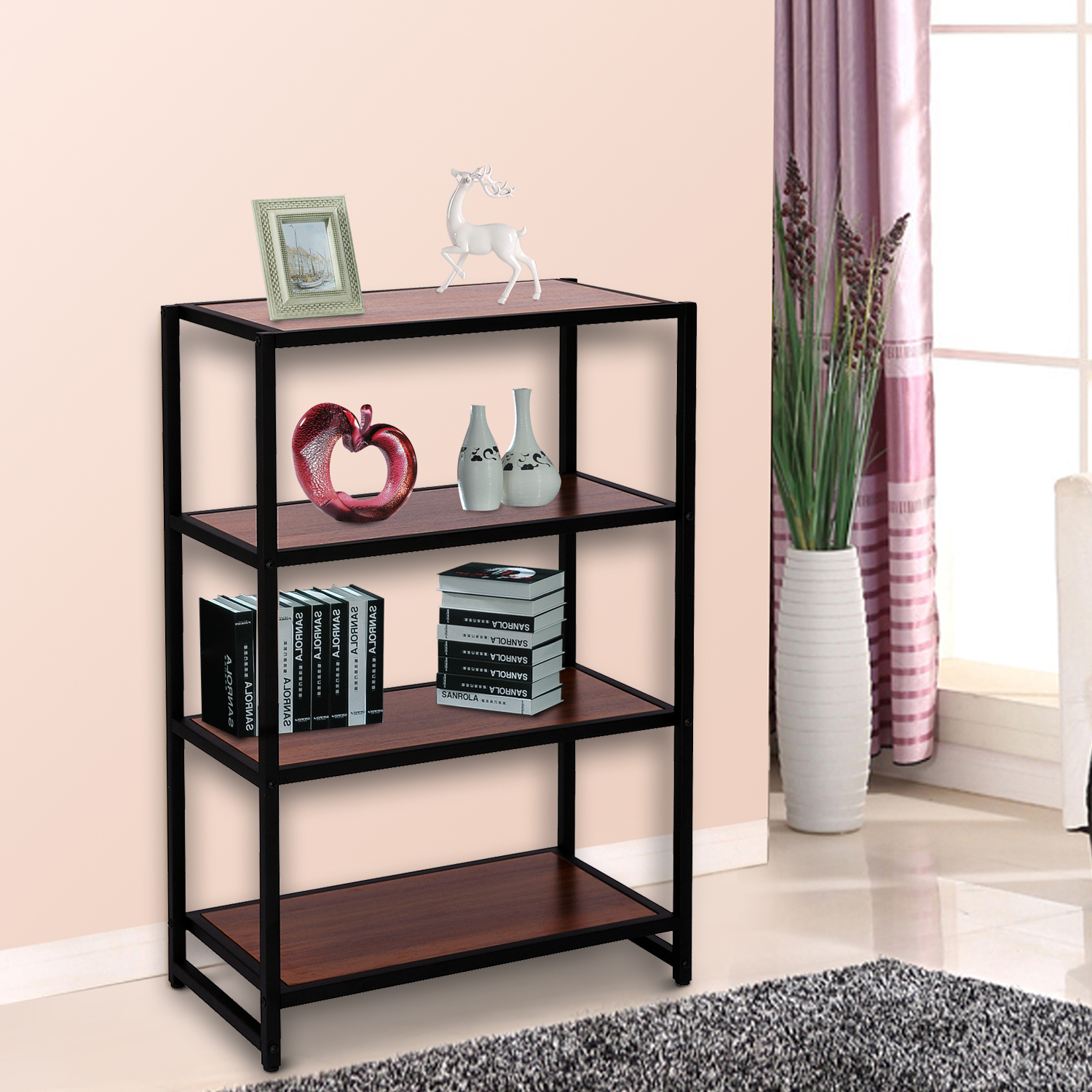 HomCom Elevated 4 Tier Wooden Storage Display Shelf Rack Metal Frame ...