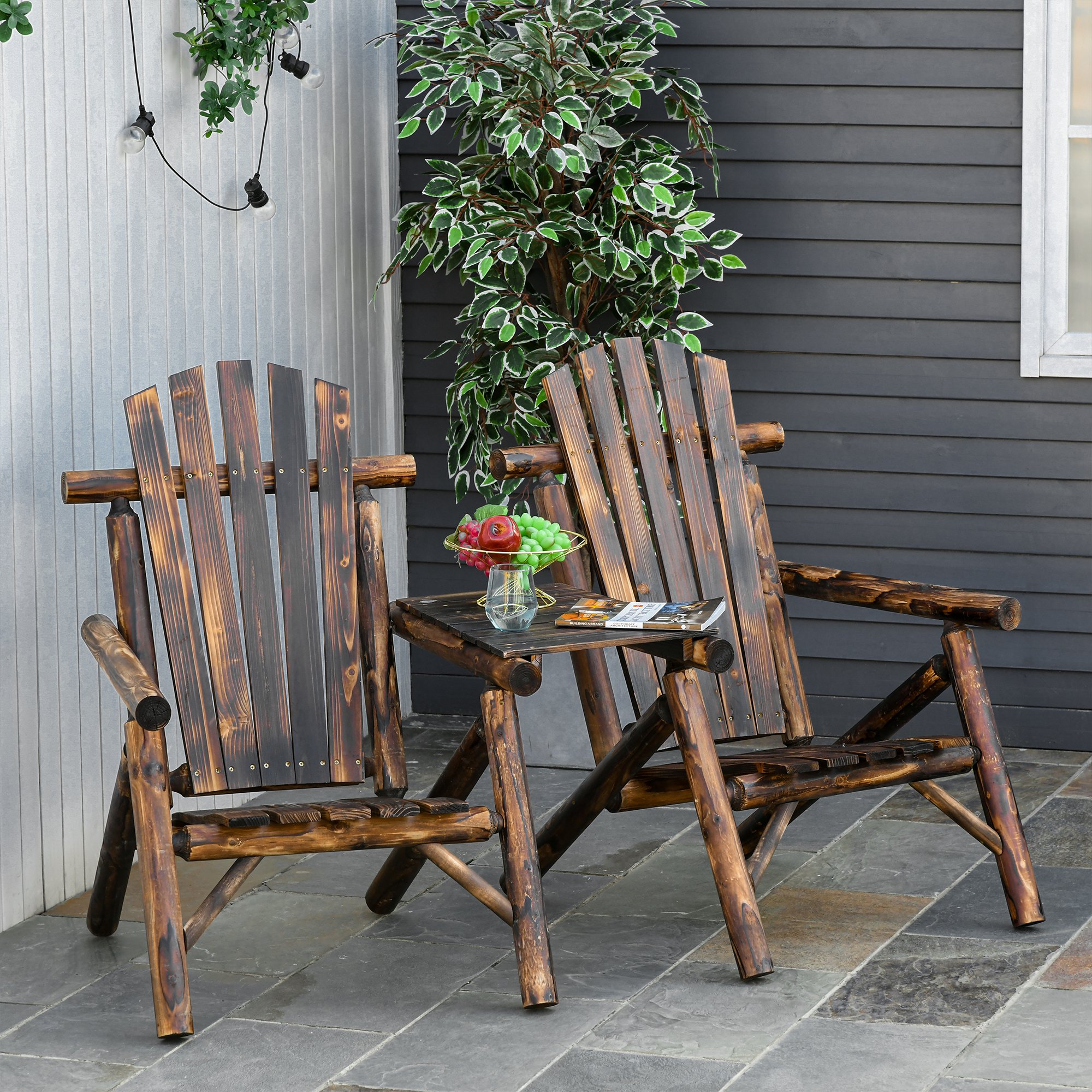 Outsunny Patio Wooden Double Adirondack Chair with Coffee Table Garden ...