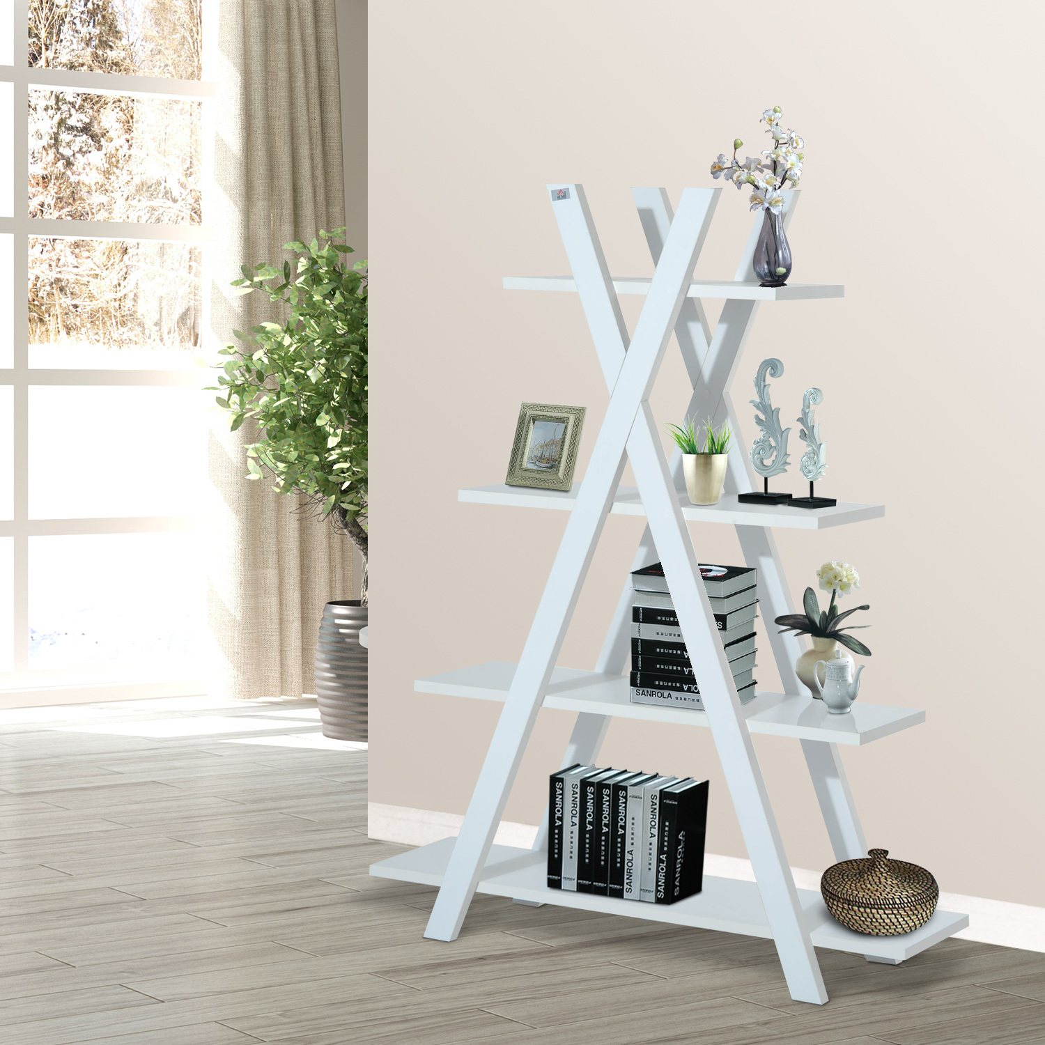 HOMCOM Wooden A Frame Bookshelf 4-tier Ladder Display Shelf Storage ...