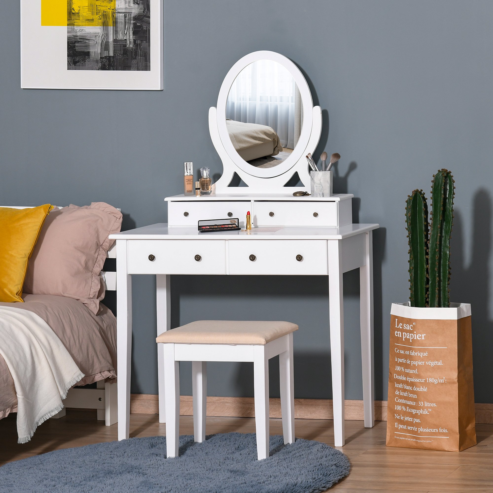 HOMCOM Vanity Dressing Table with 360° Rotating Mirror and Cushioned ...