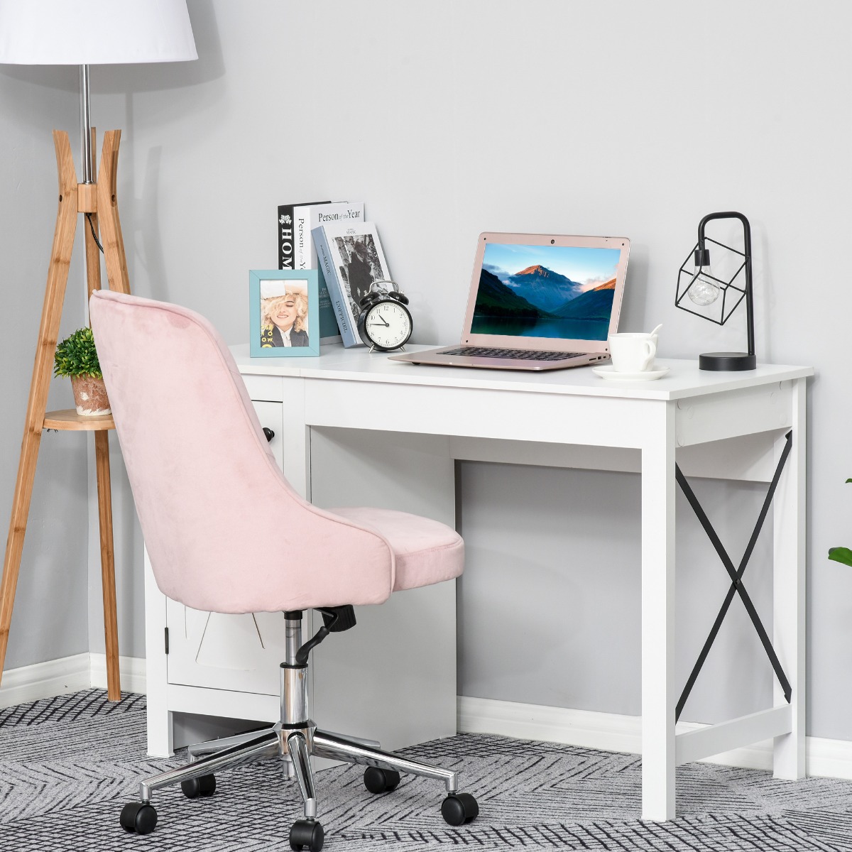 HOMCOM Computer Table Desk Writing Workstation with Cabinet Metal X-Bar ...