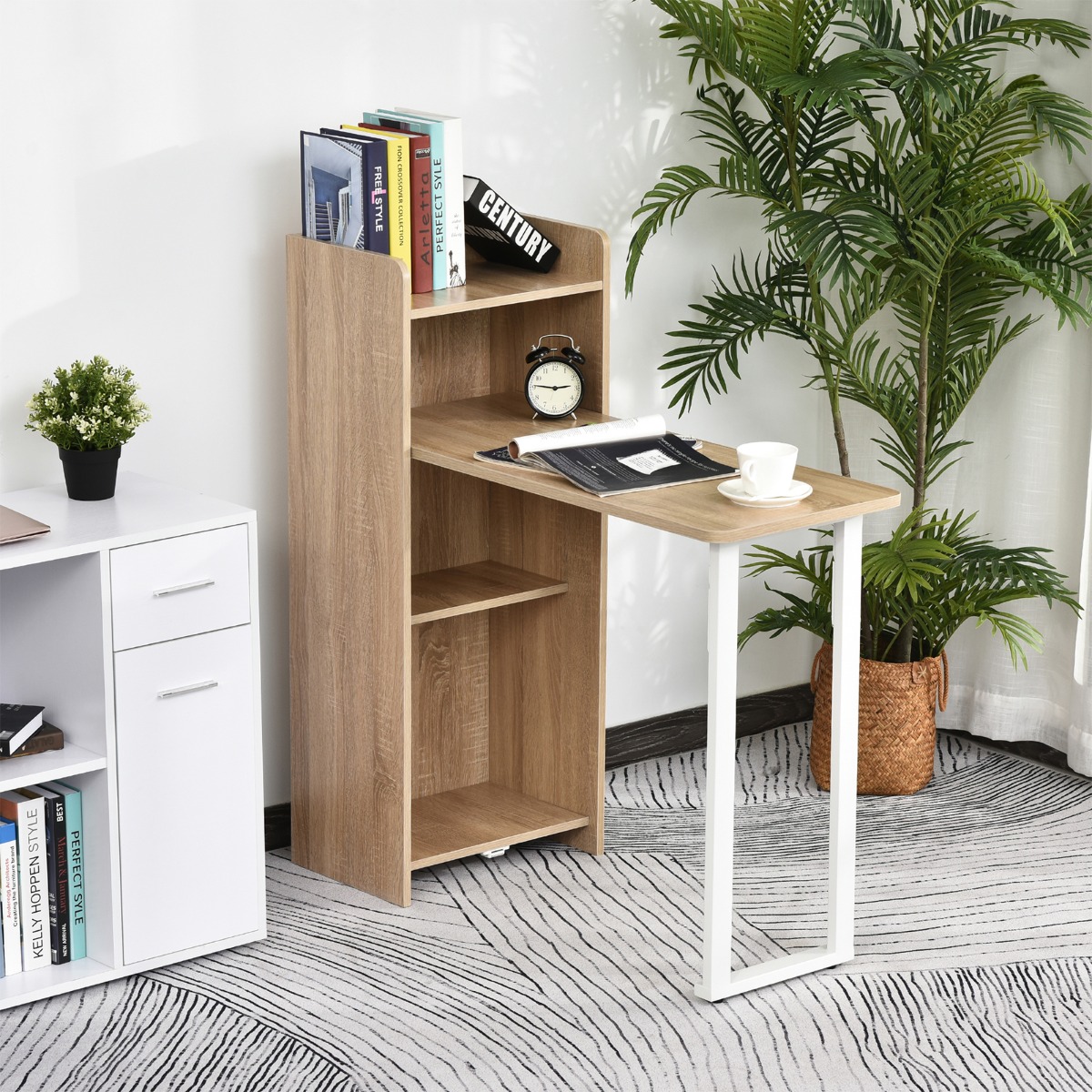 HOMCOM 2 In 1 Storage Cabinet & Dining Table 4-Tier Shelf w/ Drop Leaf ...