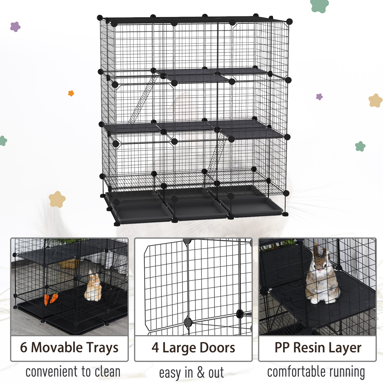 PawHut DIY Pet Playpen Wire Cage for Kitten Bunny & Chinchilla W/ Trays ...