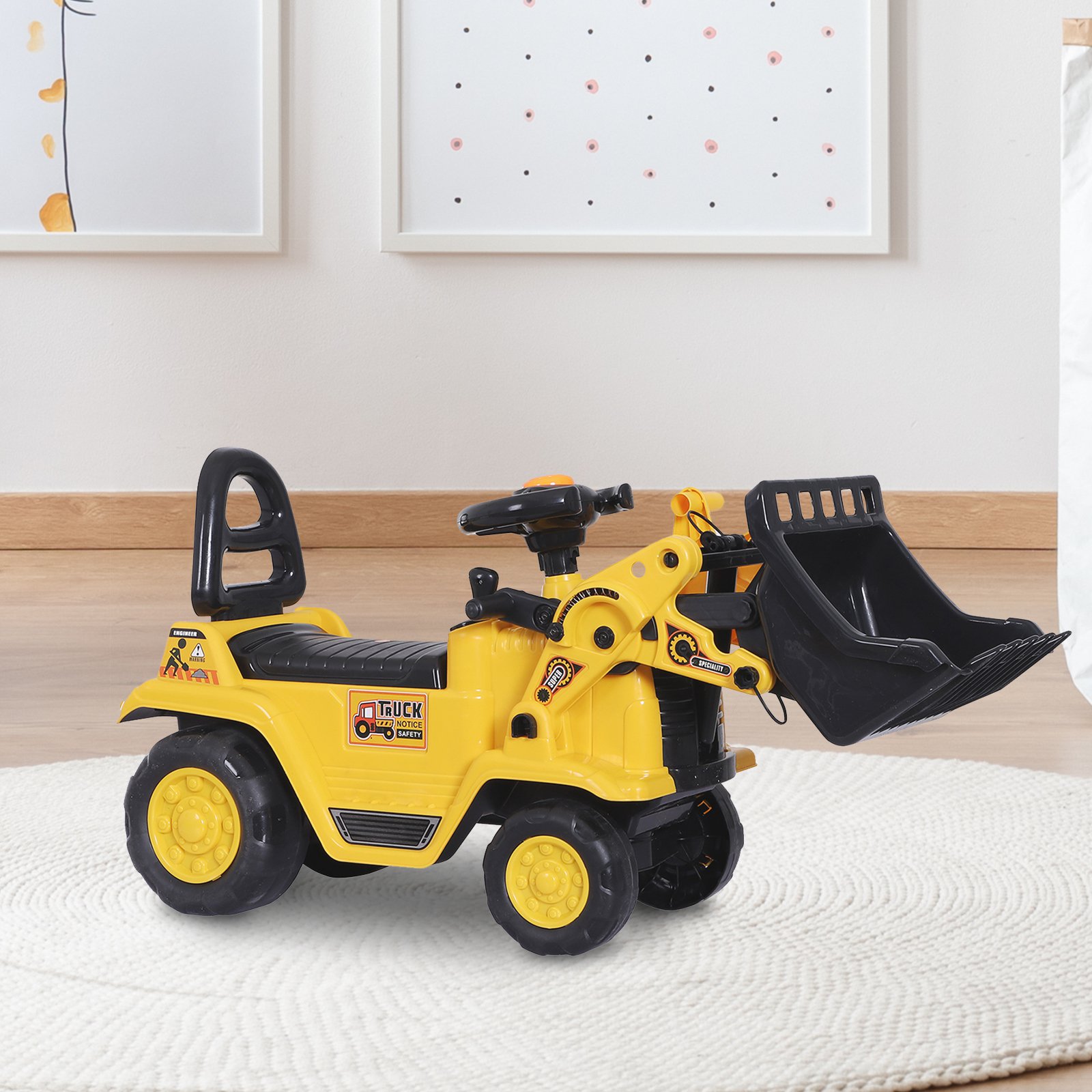 HOMCOM Ride-On Toy Bulldozer with Bucket Horn Steering Wheel Storage ...