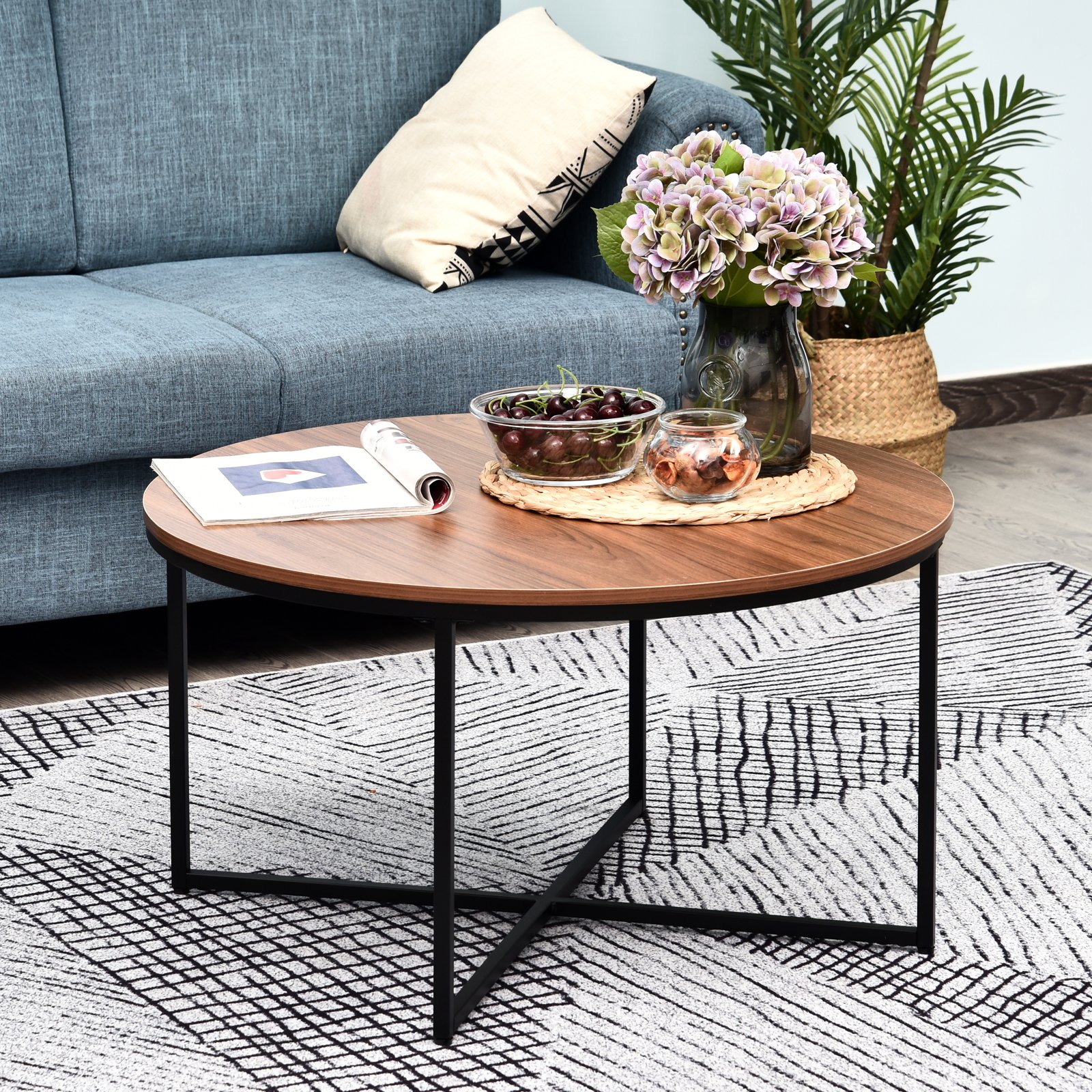 HOMCOM 31.5" Round Living Room Coffee Table with X Base Metal Frame ...