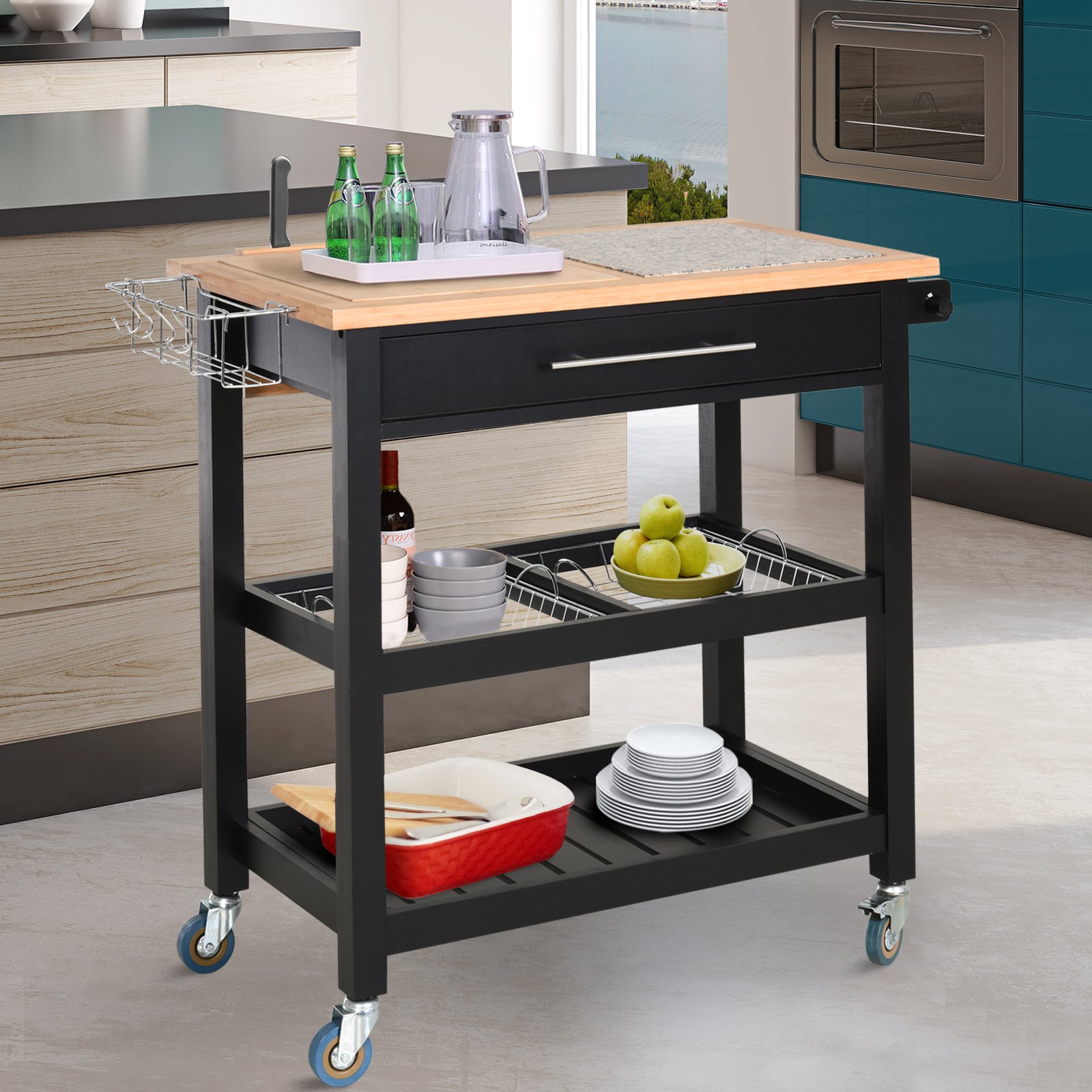 HOMCOM Bamboo Pine Granite Countertop 2-Tier Kitchen Utility Trolley ...