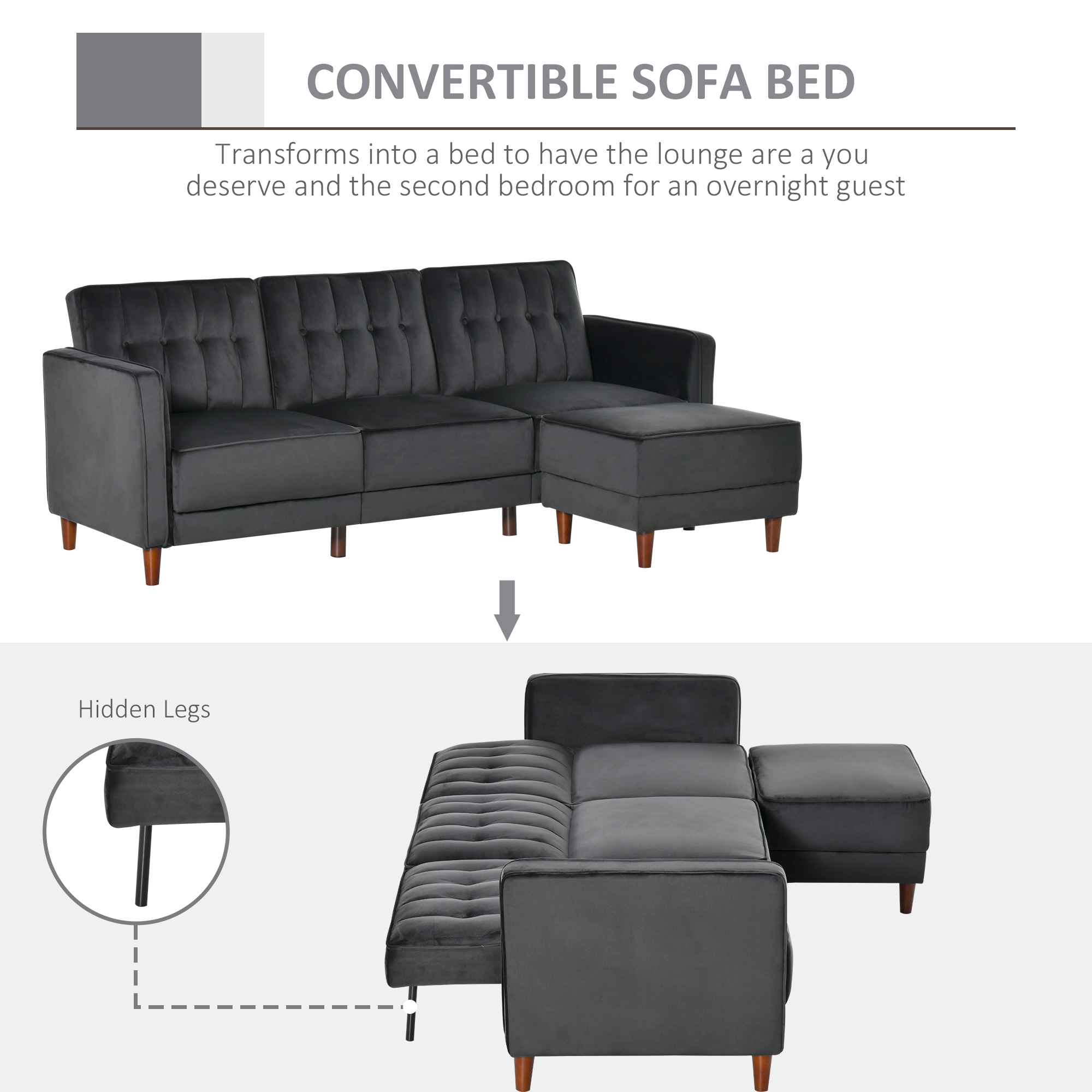 HOMCOM L-Shaped Sofa Bed Set Velvet-Touch Sleeper Futon Reversible ...