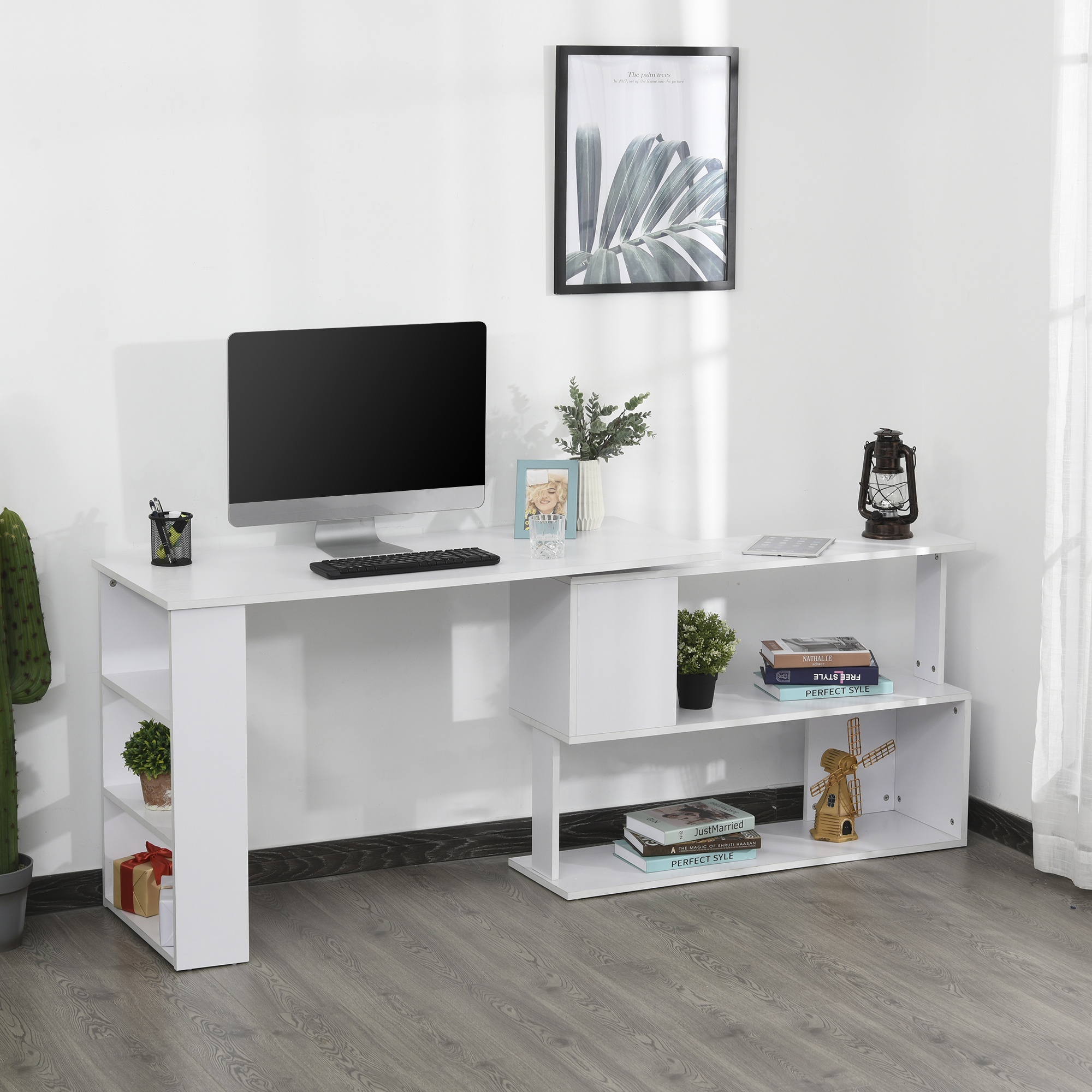 HOMCOM 360° Rotating Corner Desk L-Shaped PC Workstation Student Writing Table with Storage ...