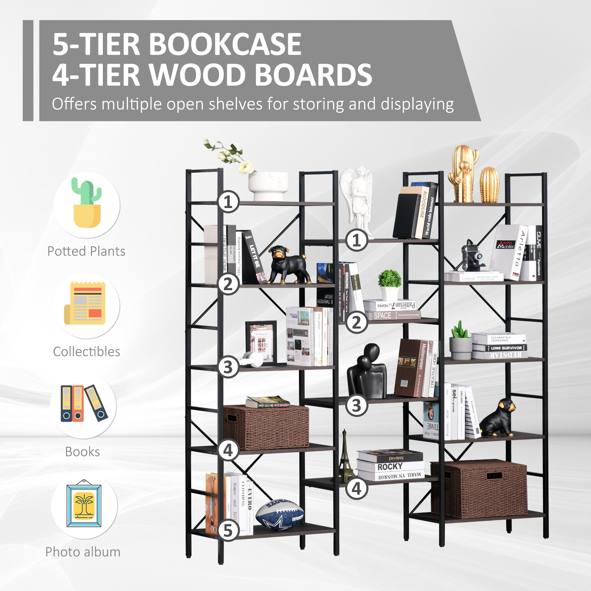 HOMCOM 5-Tier Industrial Bookcase with Open Storage, Bookshelf Display ...