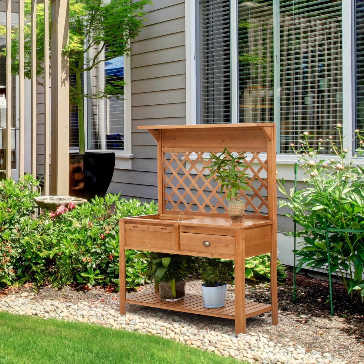 Outsunny 47'' x 17'' x 59'' Garden Work Bench with Shelf Drawer Wooden ...