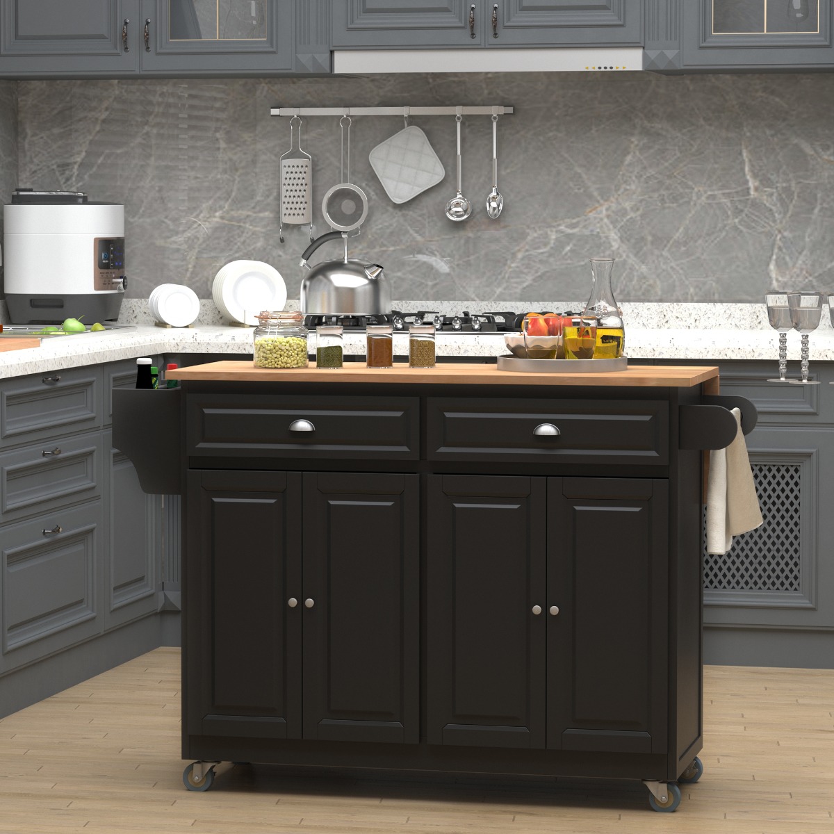HOMCOM Rolling Island Kitchen Rolling Island Cart Wood Top Rolling ...