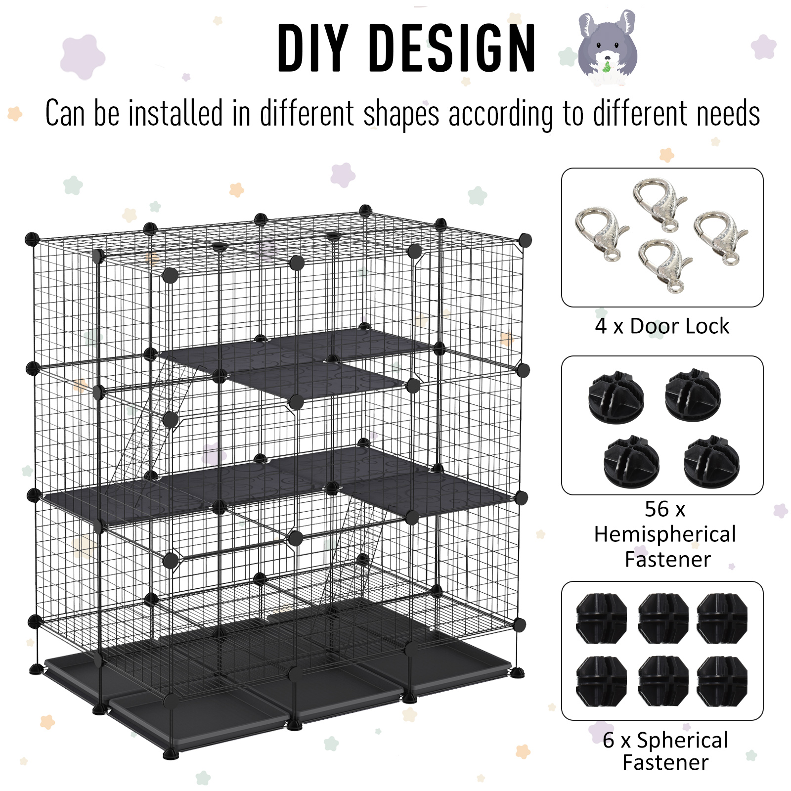 PawHut DIY Pet Playpen Wire Cage for Kitten Bunny & Chinchilla W/ Trays ...