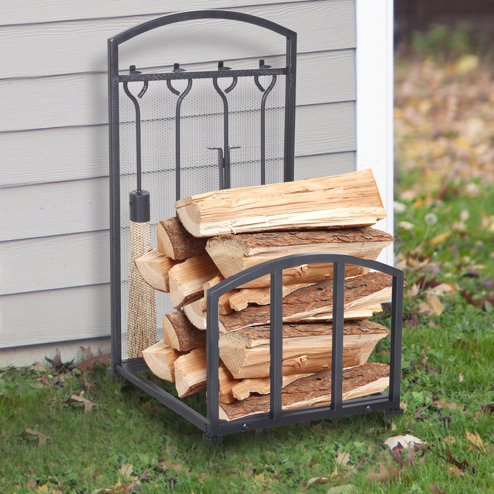 HOMCOM 4-Piece Iron Firewood Rack Wood Rack Tools Set: Brush Shovel ...