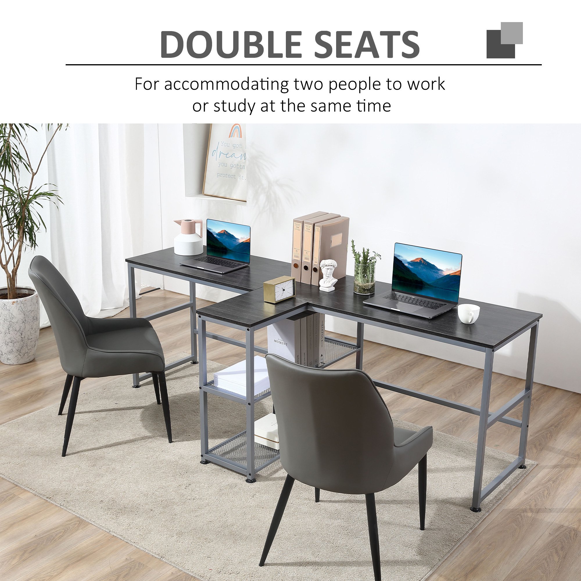 HOMCOM 83" Two Person Workstation Desk Black with Middle Shelf ...