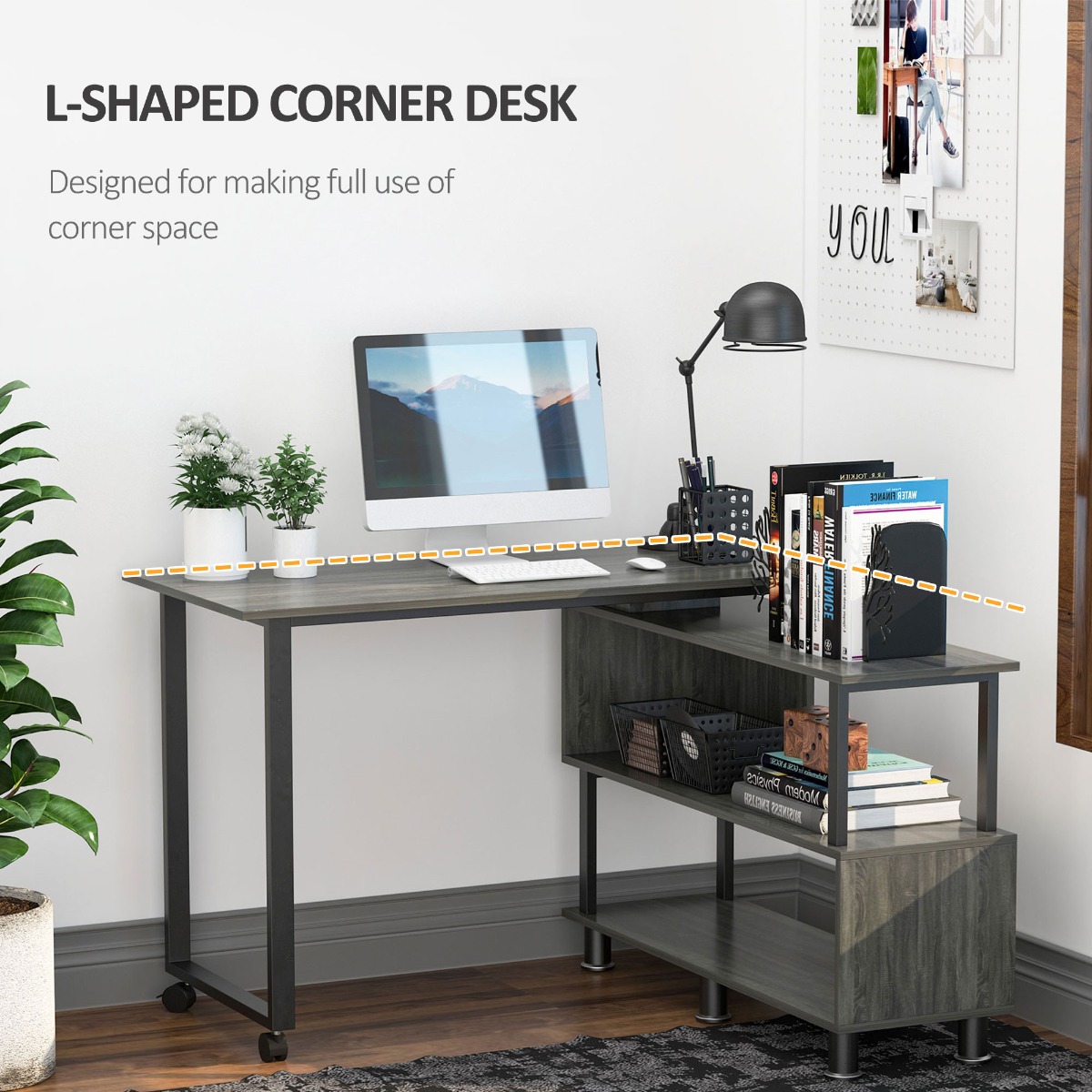 HOMCOM Mobile L-Shaped Rotating Computer Desk with Storage Shelves ...