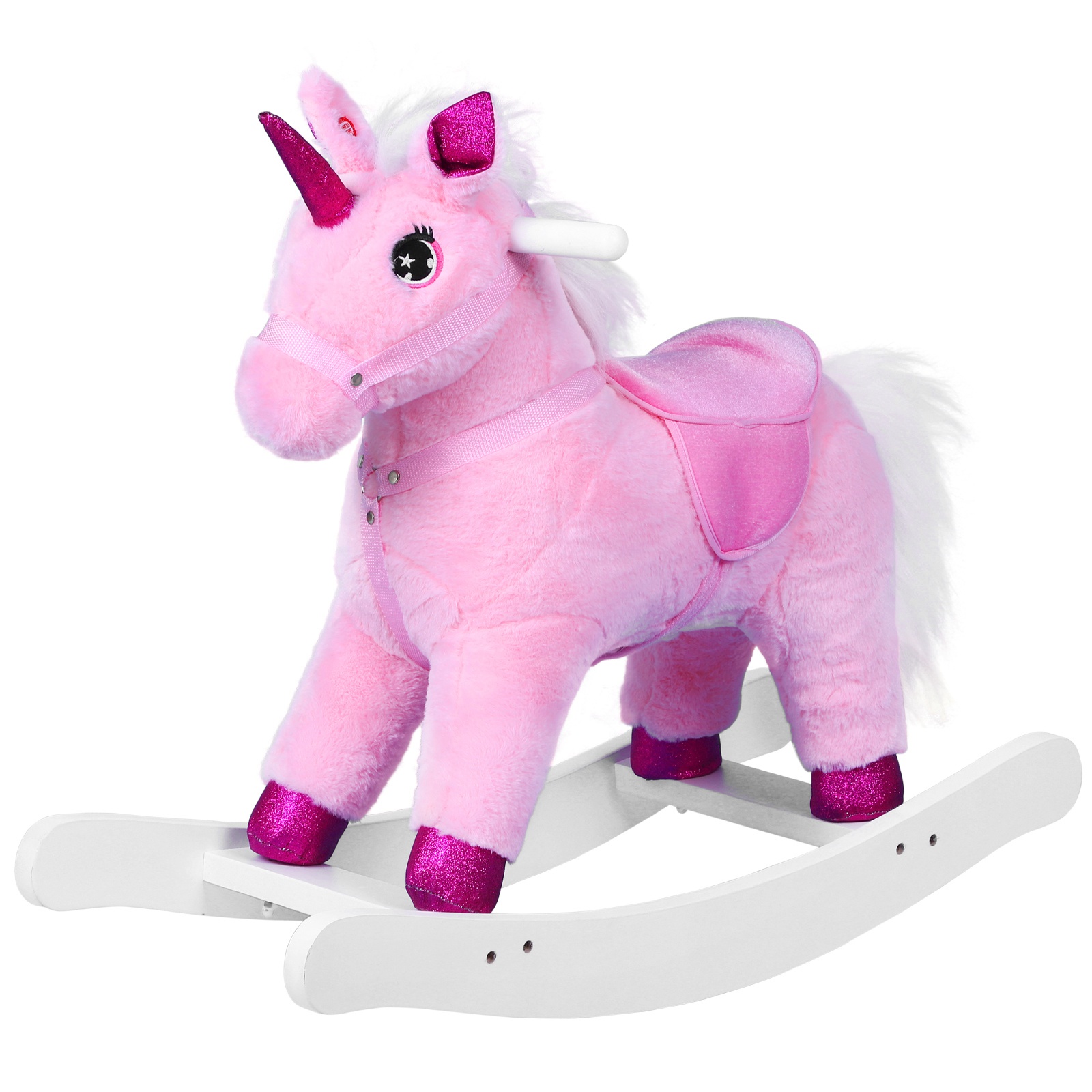 Qaba Unicorn Rocking Horse Toy with Sound for Kids Wooden Plush Ride-On ...