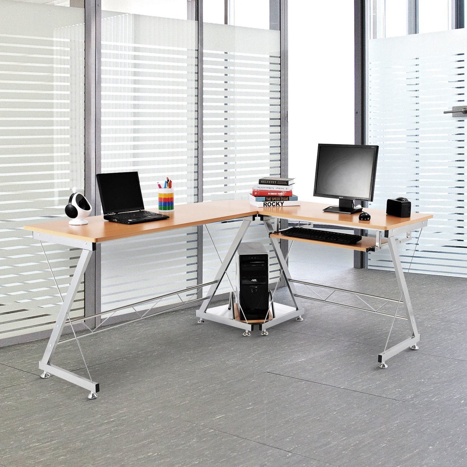 HomCom L-shaped Computer Desk Workstation with Keyboard Tray 67" Corner ...