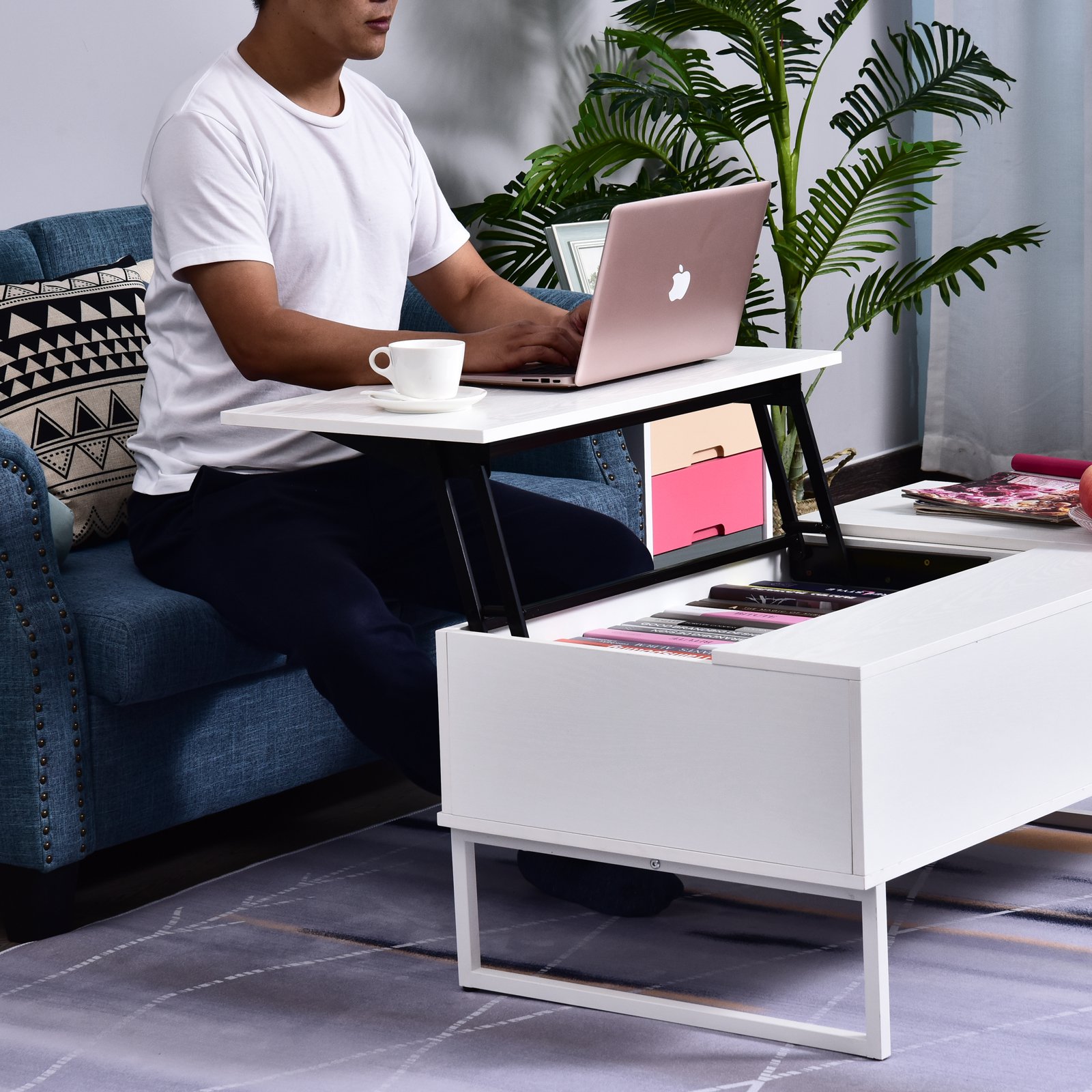 HOMCOM Foldable Wood Lift Top Coffee Table Living Room Convertible Tea ...