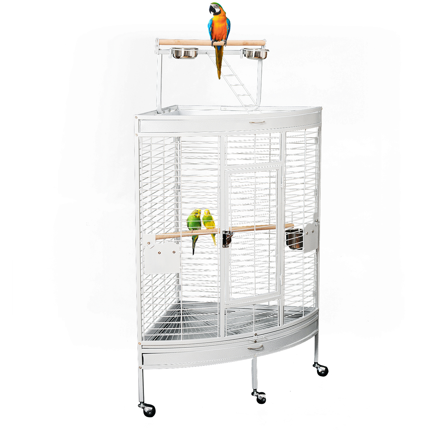 PawHut Corner Parrot Bird Cage Perch Roof Play Top Ladder w/4 Casters ...
