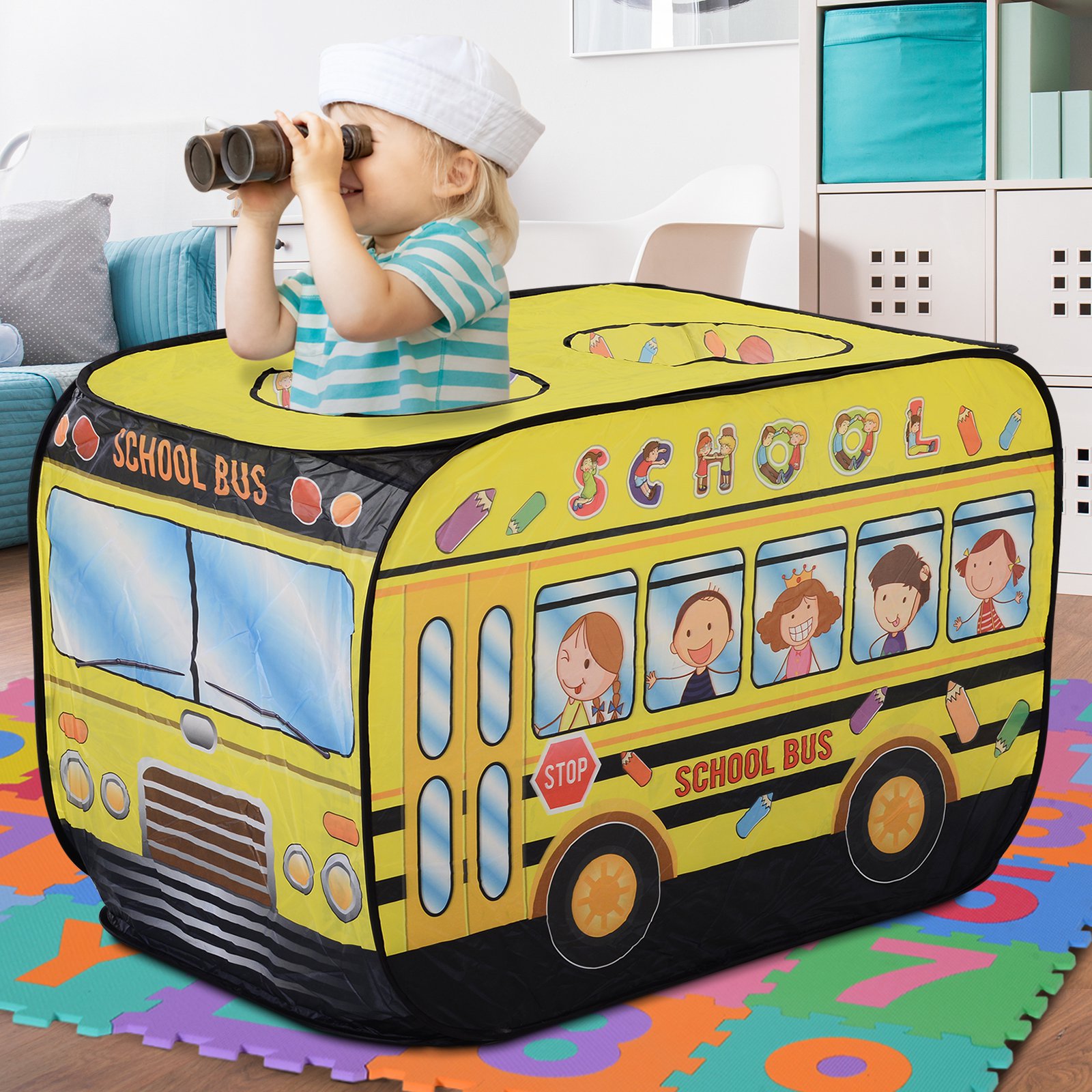 Qaba Kids School Bus Play Tent Pop-up Portable & Foldable Yellow ...