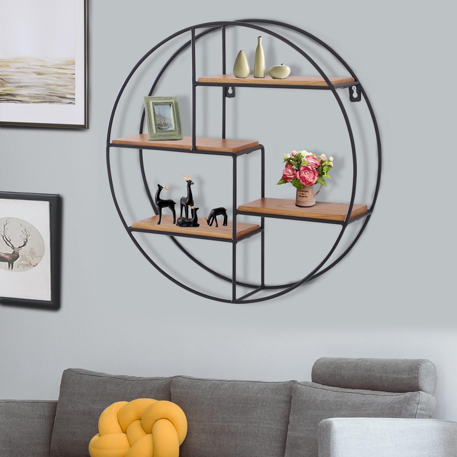 HOMCOM Round Wall-Mounted Shelves Wall Hanging Room Decoration Frame ...