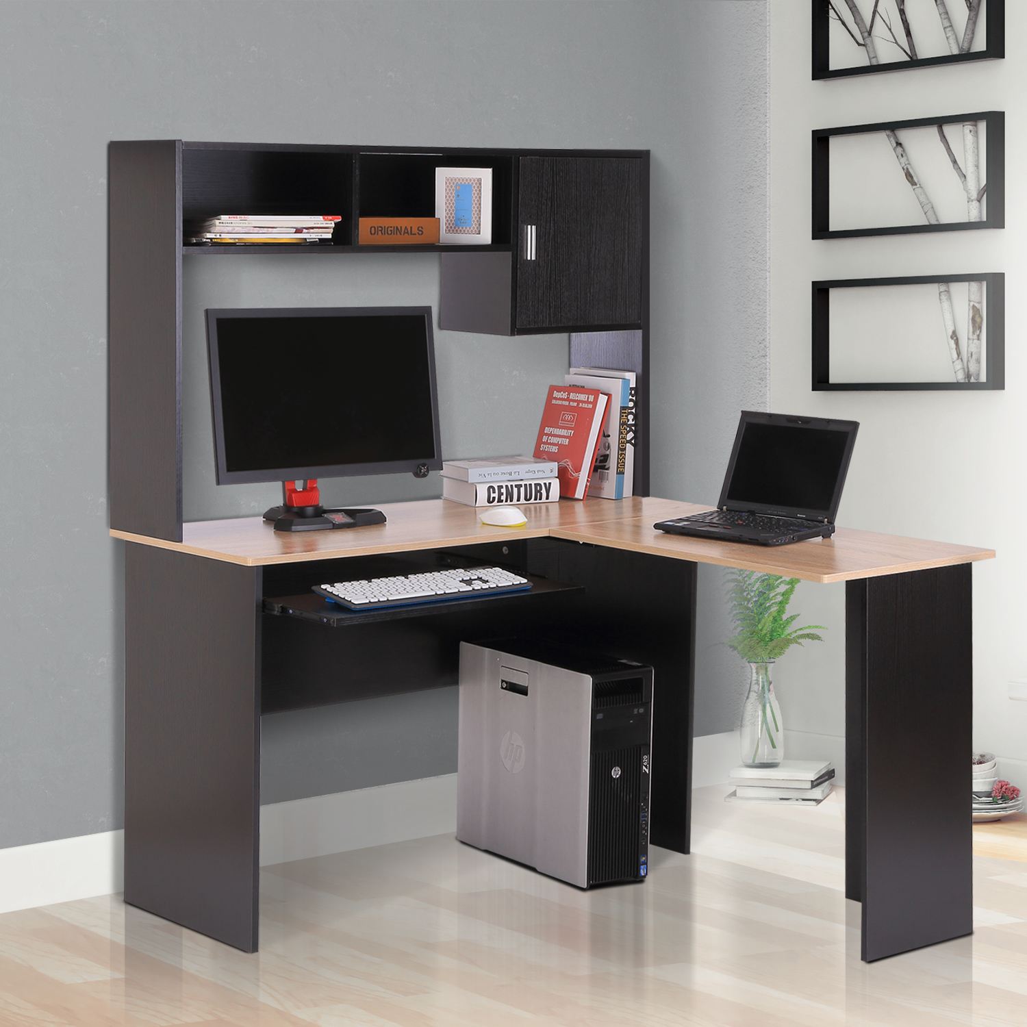 HOMCOM Corner Desk L-shaped Workstation Space Saving with Keyboard Tray ...
