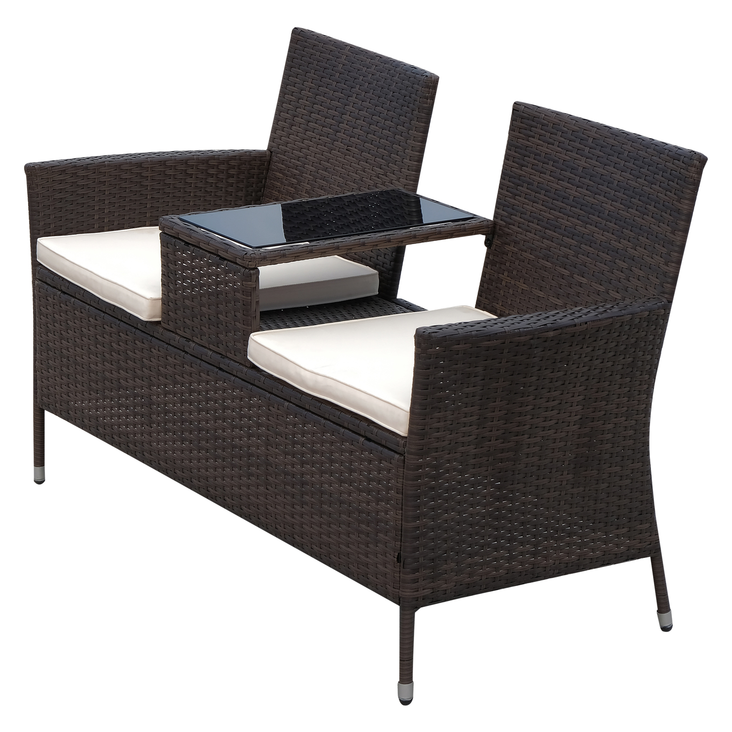Outsunny 2 Seat Rattan Wicker Chair Bench with Tea Table Padded Seat ...