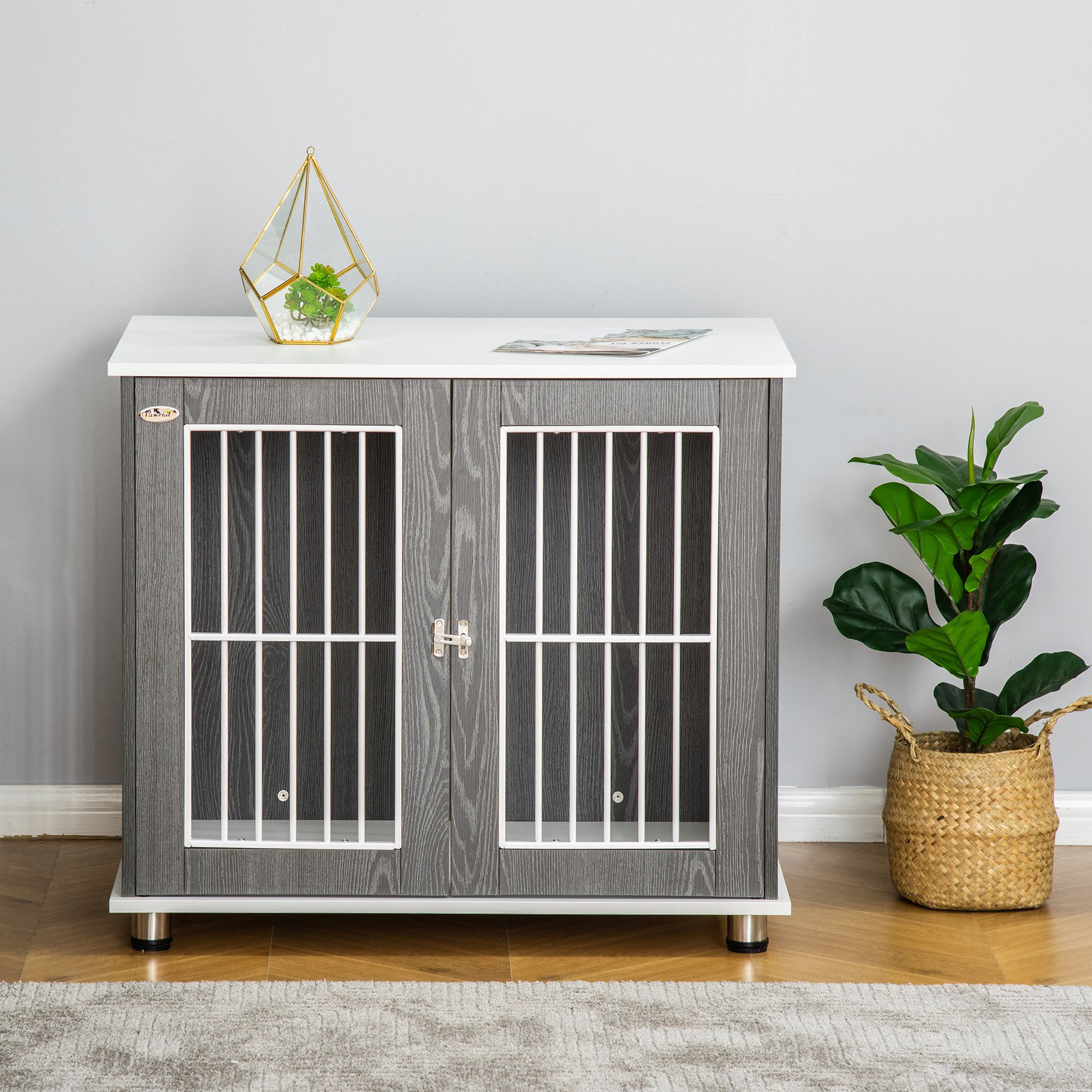 PawHut 34'' Wooden Dog Cage, Modern Dog Crate w/ Door, Lock, Grey and ...