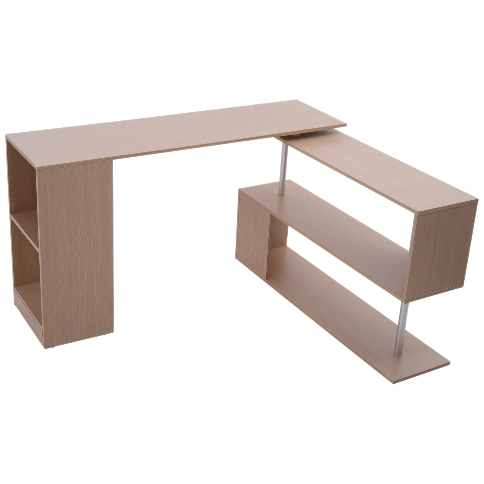 HOMCOM Modern L Shaped Rotating Computer Desk with Shelves - Oak|AOSOM.COM