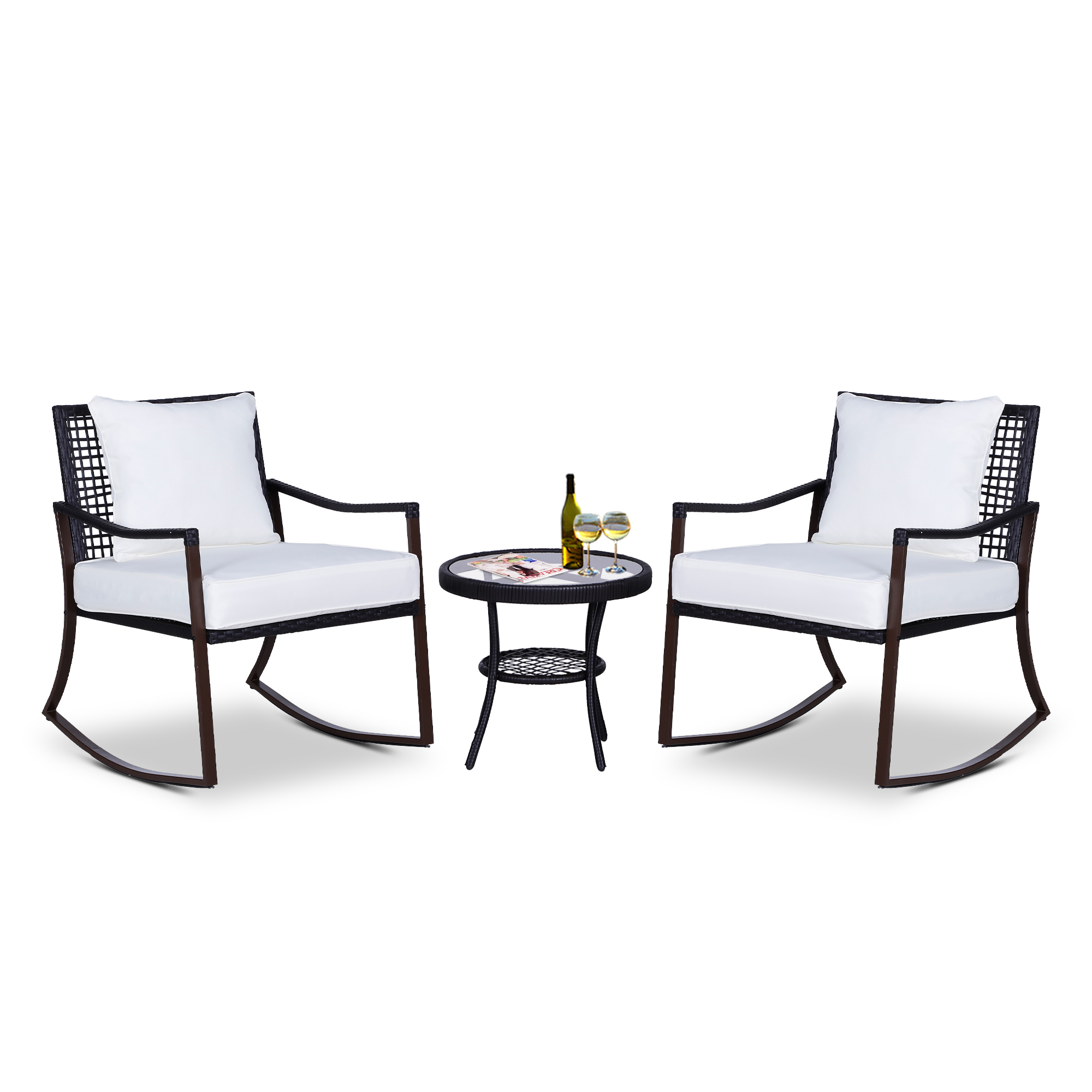 Outsunny 3 Piece PE Rattan Wicker Patio Rocking Chair Cushioned Garden ...