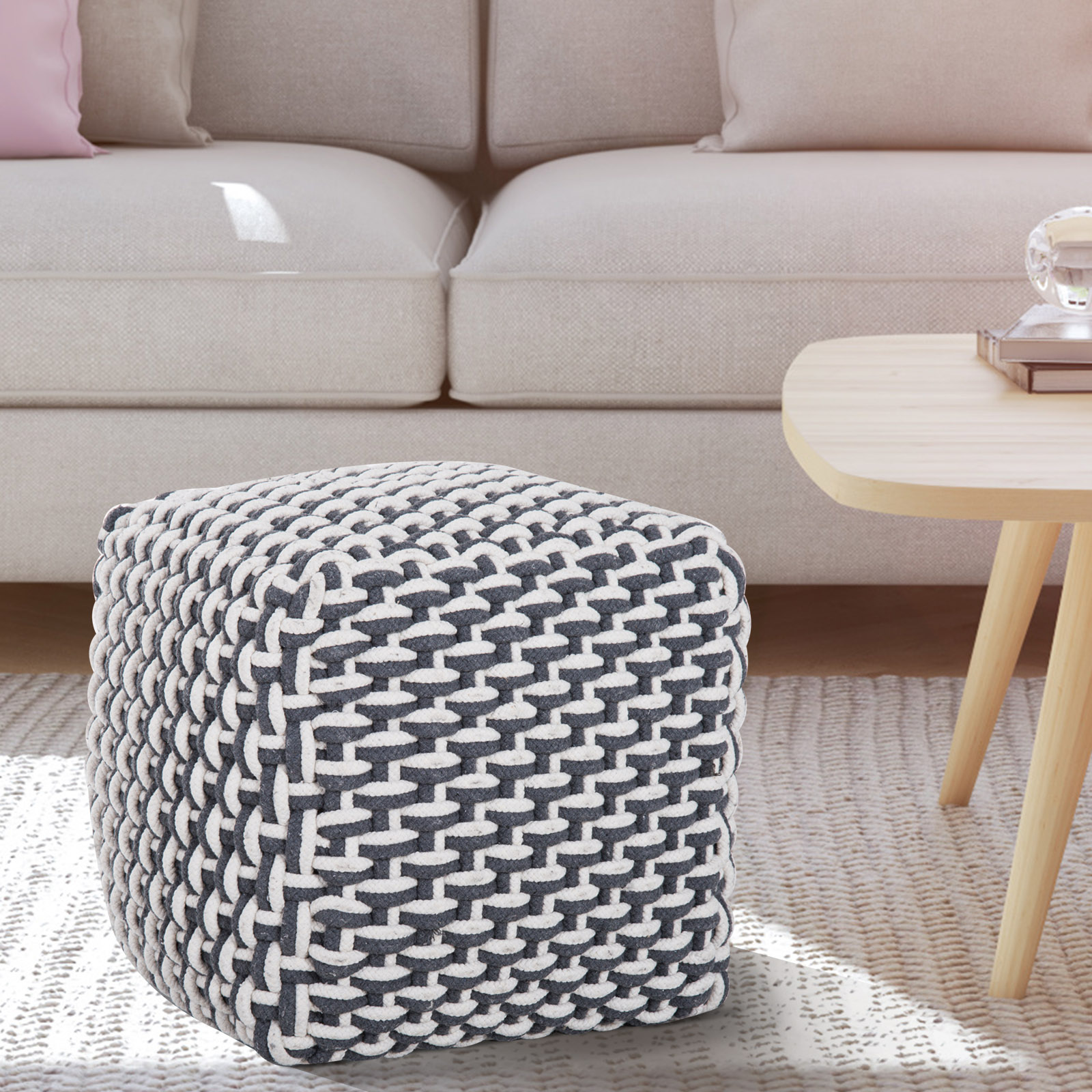HOMCOM Modern 16” Woven Cable Knit Rope Cube Ottoman Footrest - White ...