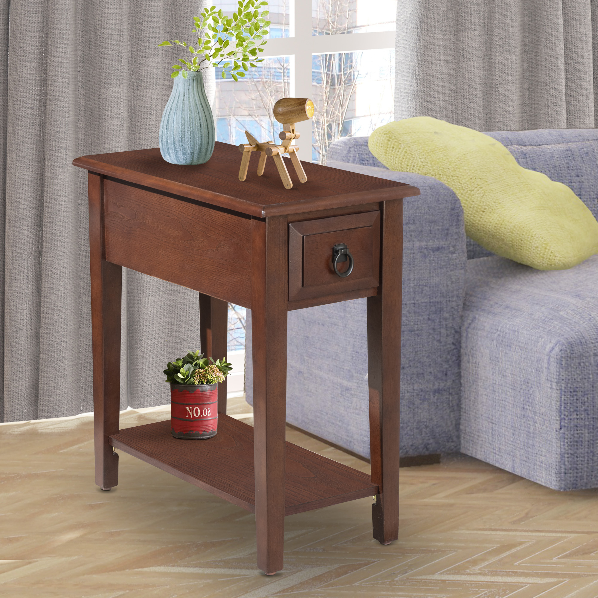 HOMCOM Modern 2-Tier Acacia Wood End Table Side Desk with Drawer - Dark ...