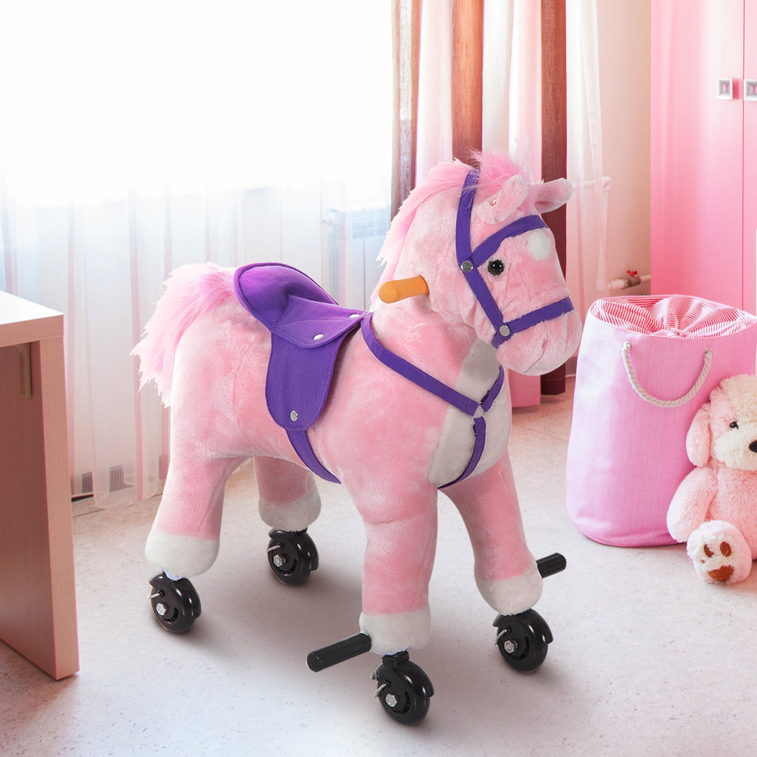 Qaba Plush Walking Horse Toy with Wheels and Sound – Pink/Purple | Aosom