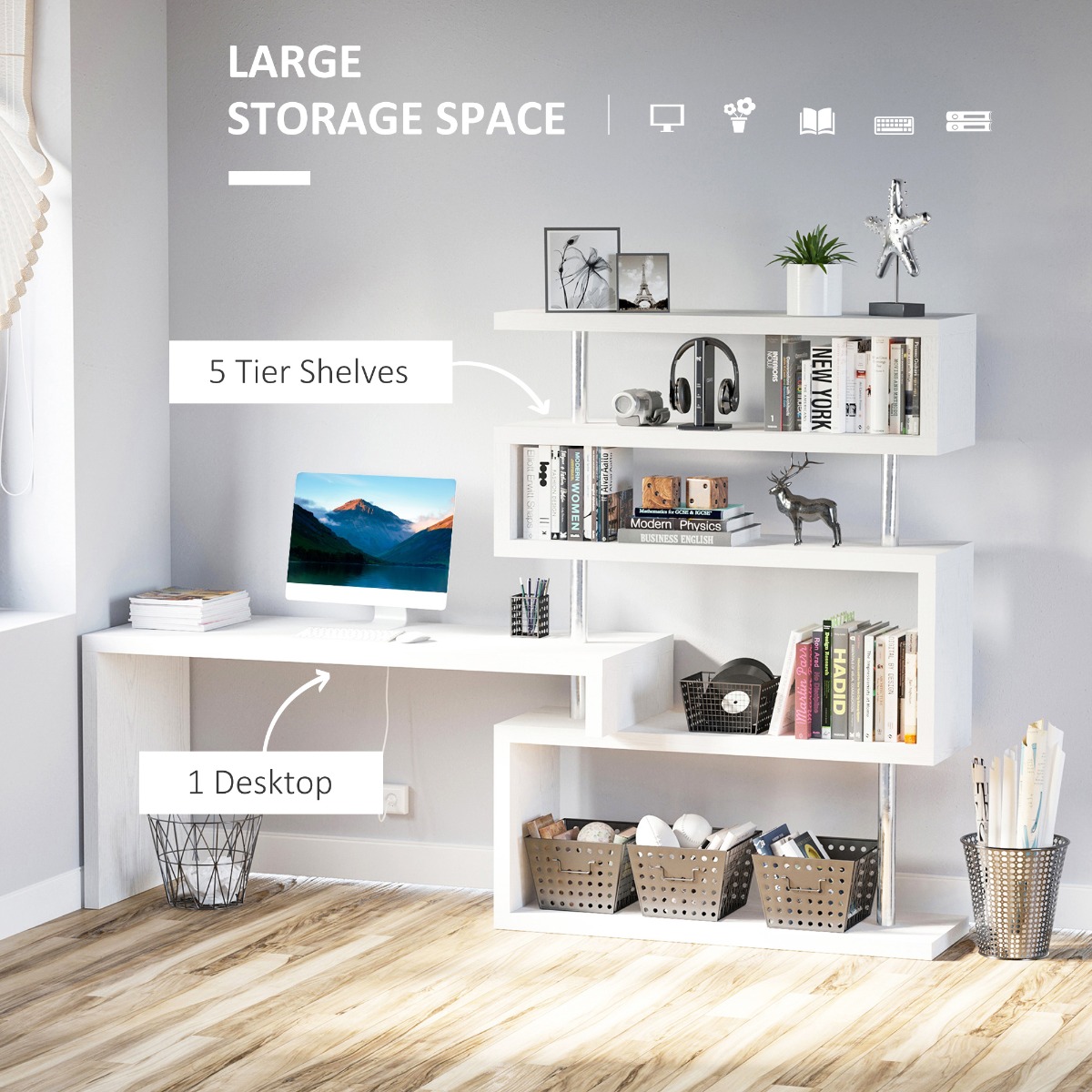 Homcom Rotating Desk Furniture Foldable Rotating Corner Desk And Shelf ...