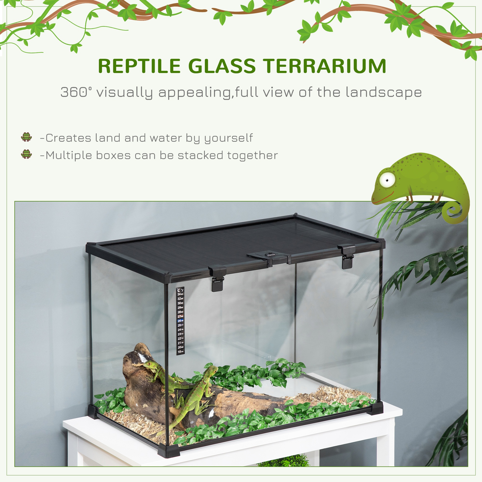 PawHut 14 Gallon Reptile Glass Terrarium Tank, Breeding Box Full View ...