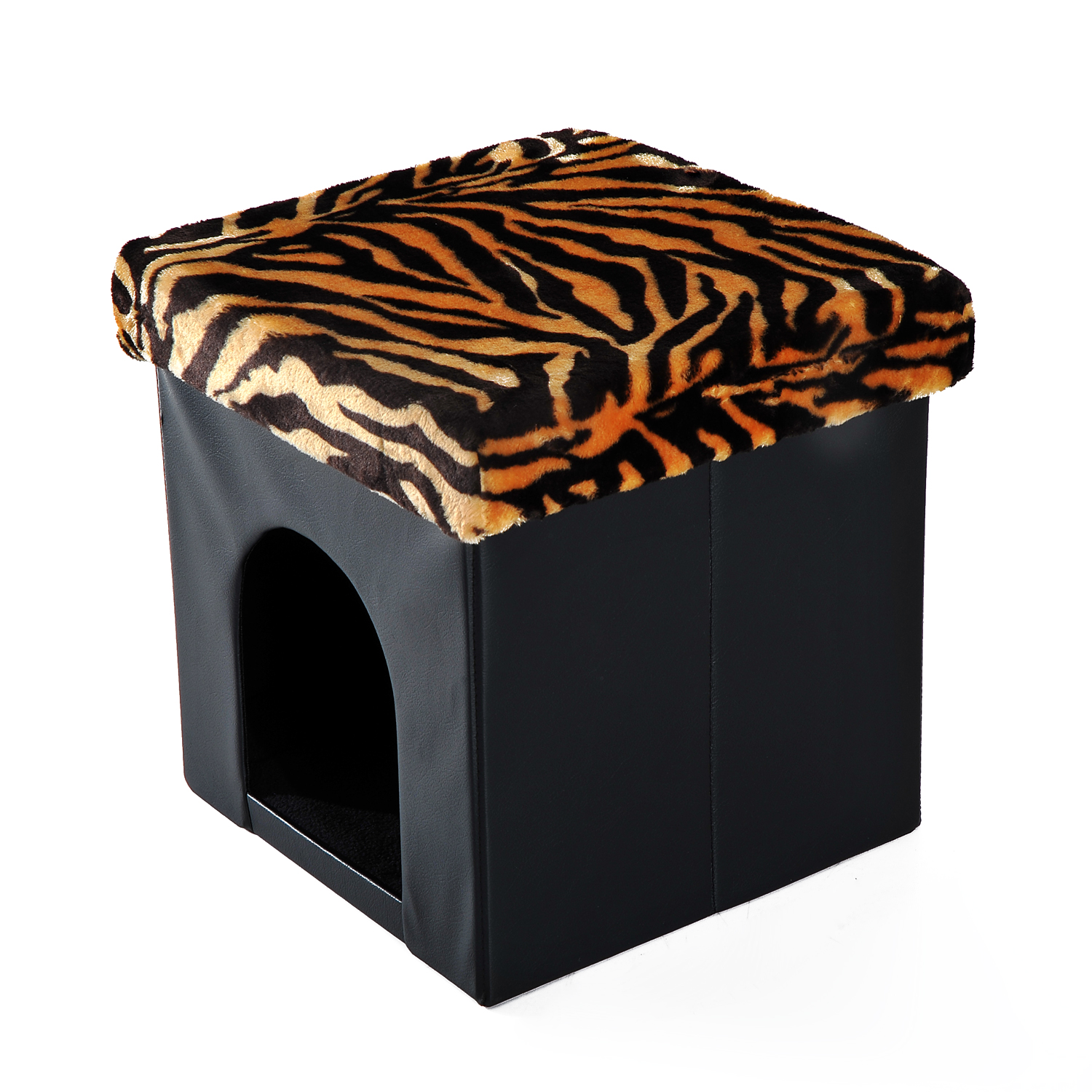 HomCom 15” Foldable Storage Ottoman - Black w/ Tiger Print|AOSOM.COM