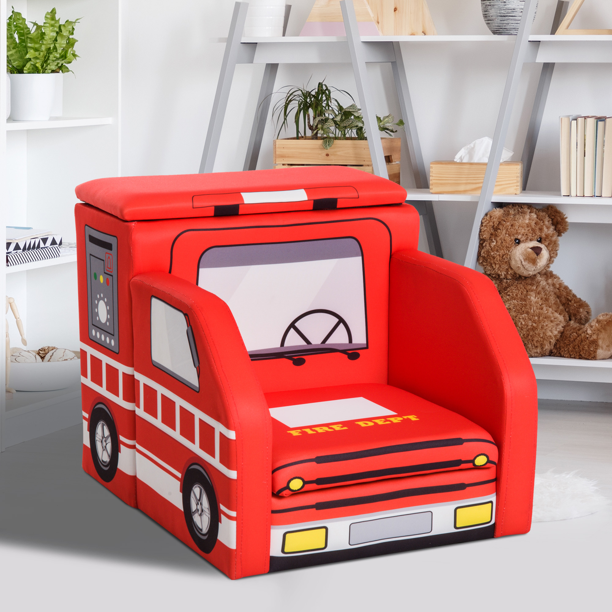 Qaba Kids Sofa Chair 2 Storage Box? Padded Seat - Fire Engine | Aosom