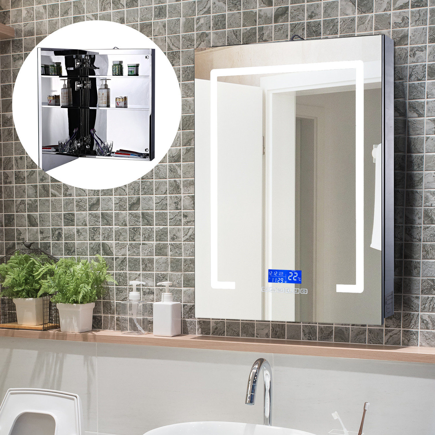 HomCom 3 inner shelves Bathroom Mirror Cabinet Wall LED Illuminated w ...