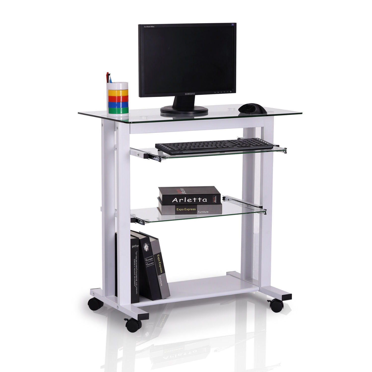 HomCom 33" Contemporary Glass Top Portable Workstation Desk Cart With ...