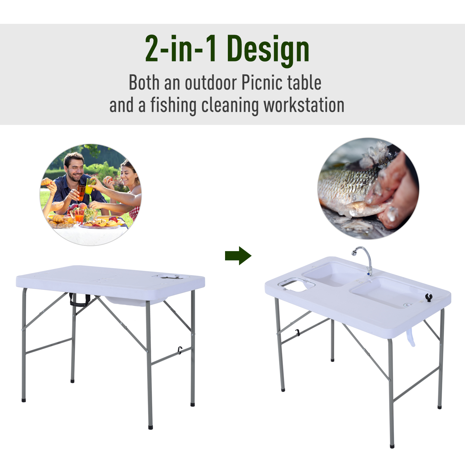 Outsunny 40 Portable Folding Indoor Picnic Table Easy Clean Camping Dish Sink with Faucet 2 Water Basins for Backyard Parties Events White Aosom