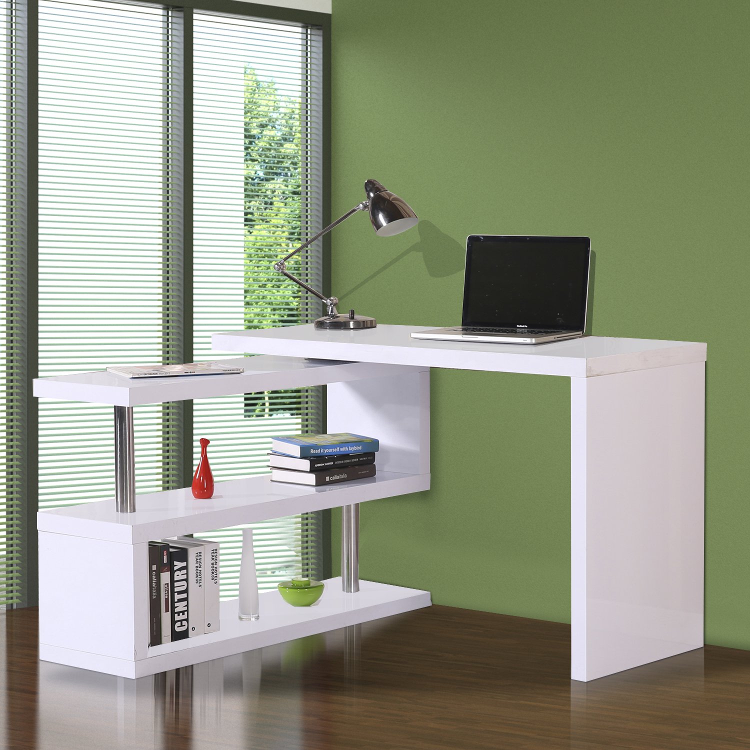 HomCom Rotating Office Desk and Shelf Combo – White | Aosom