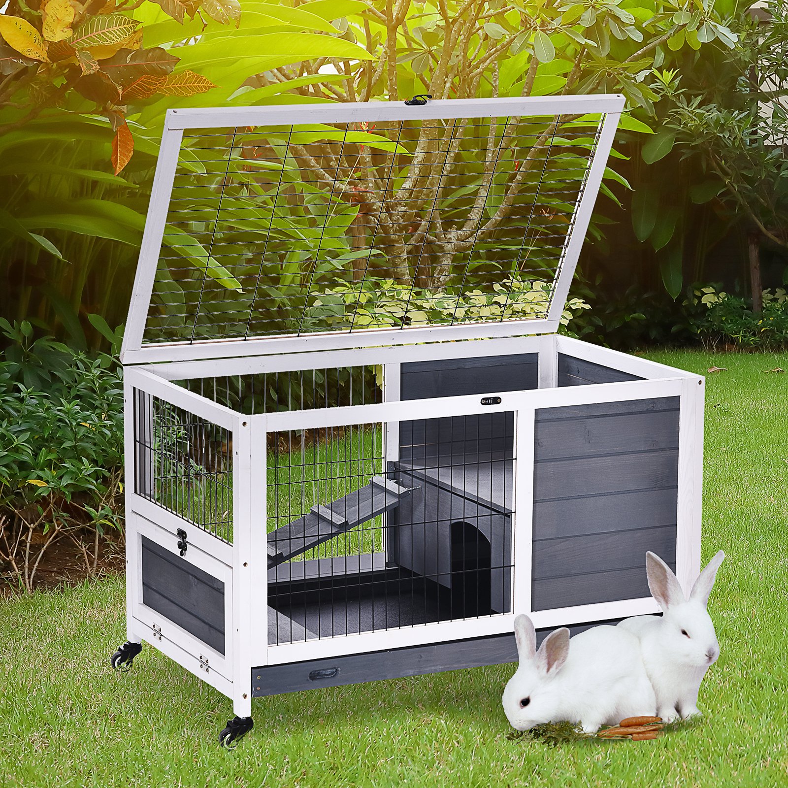 PawHut Outdoor Rabbit Enclosure with Enclosed Run and Wheels| Aosom.com