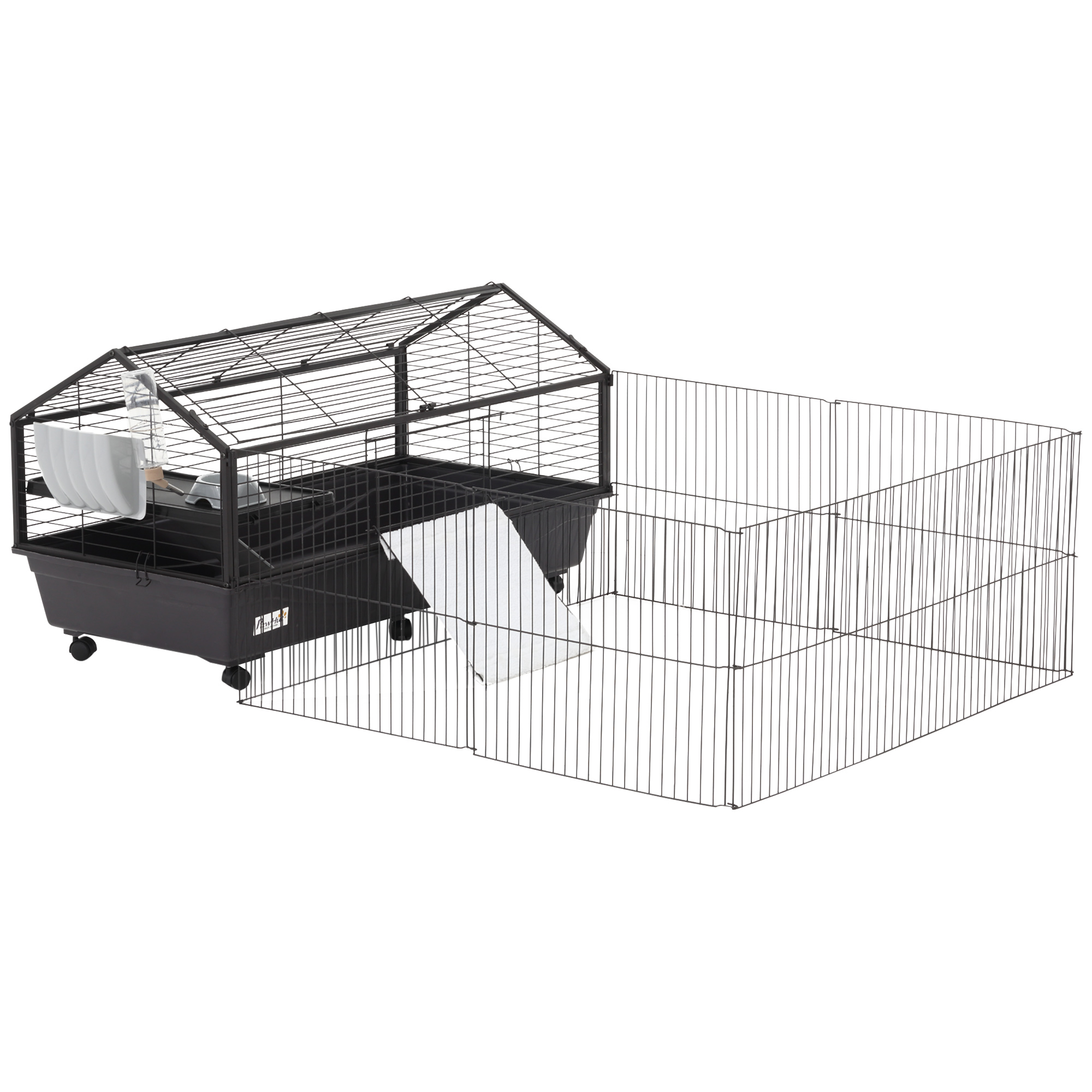 PawHut Rolling Small Animal Hutch Metal Rabbit Cages with Run 47" L ...