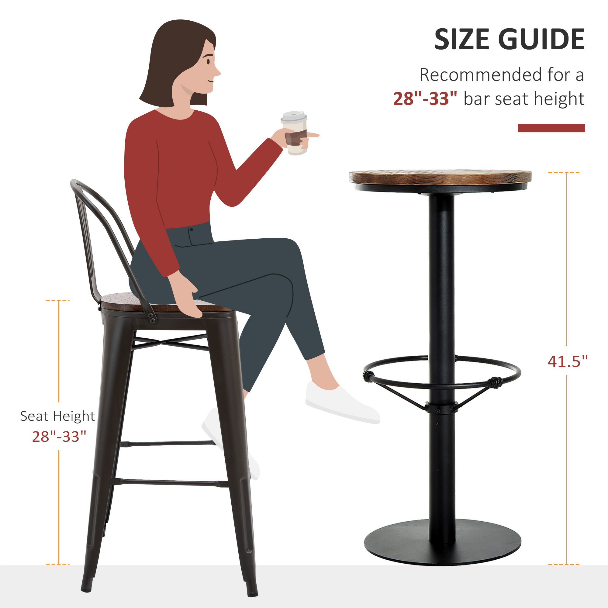 HOMCOM 41.5" Rustic Bar table Industrial Metal Pine Wood Top Adjustable ...