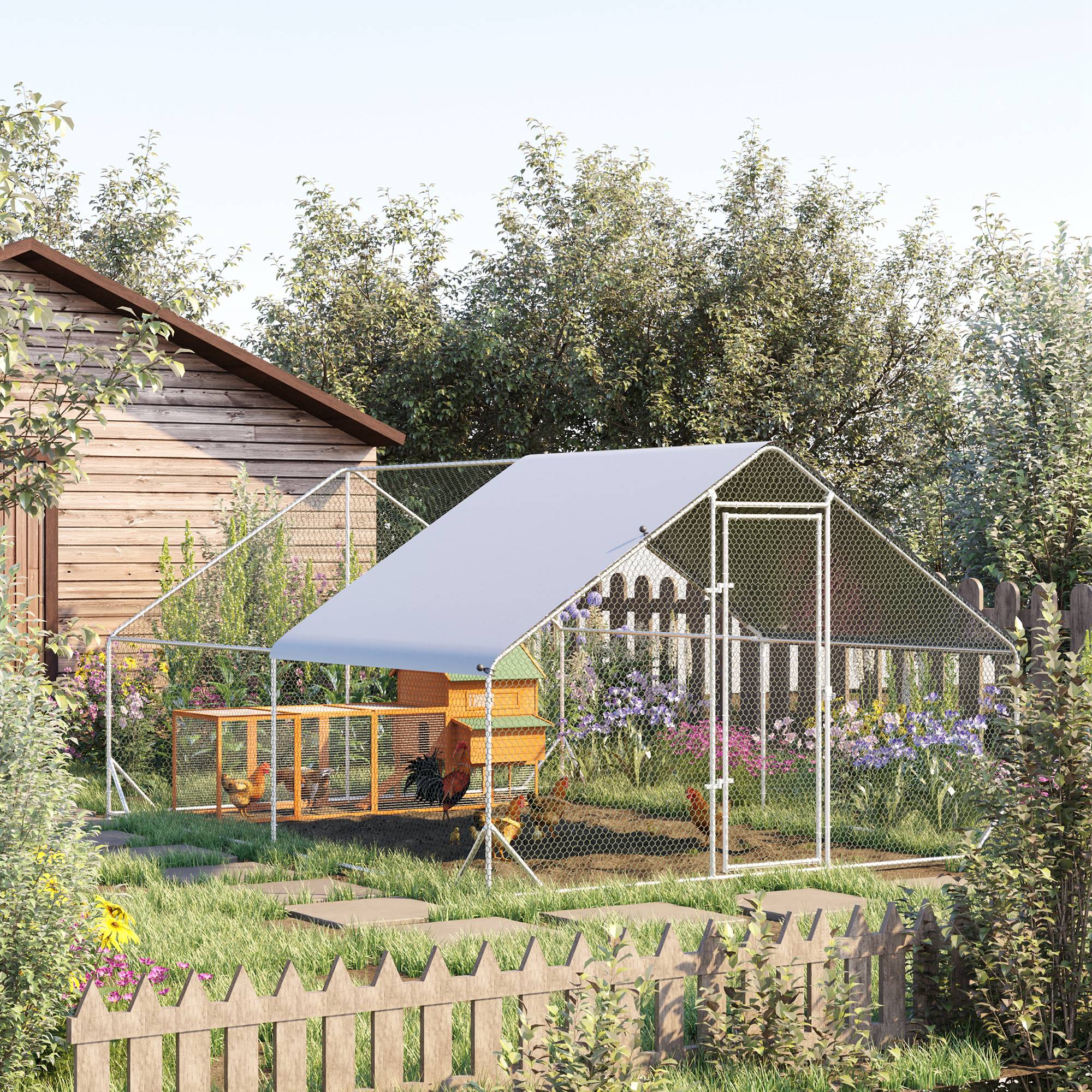 Galvanized Metal Frame Chicken Run with Cover and Lockable Door, Silver ...