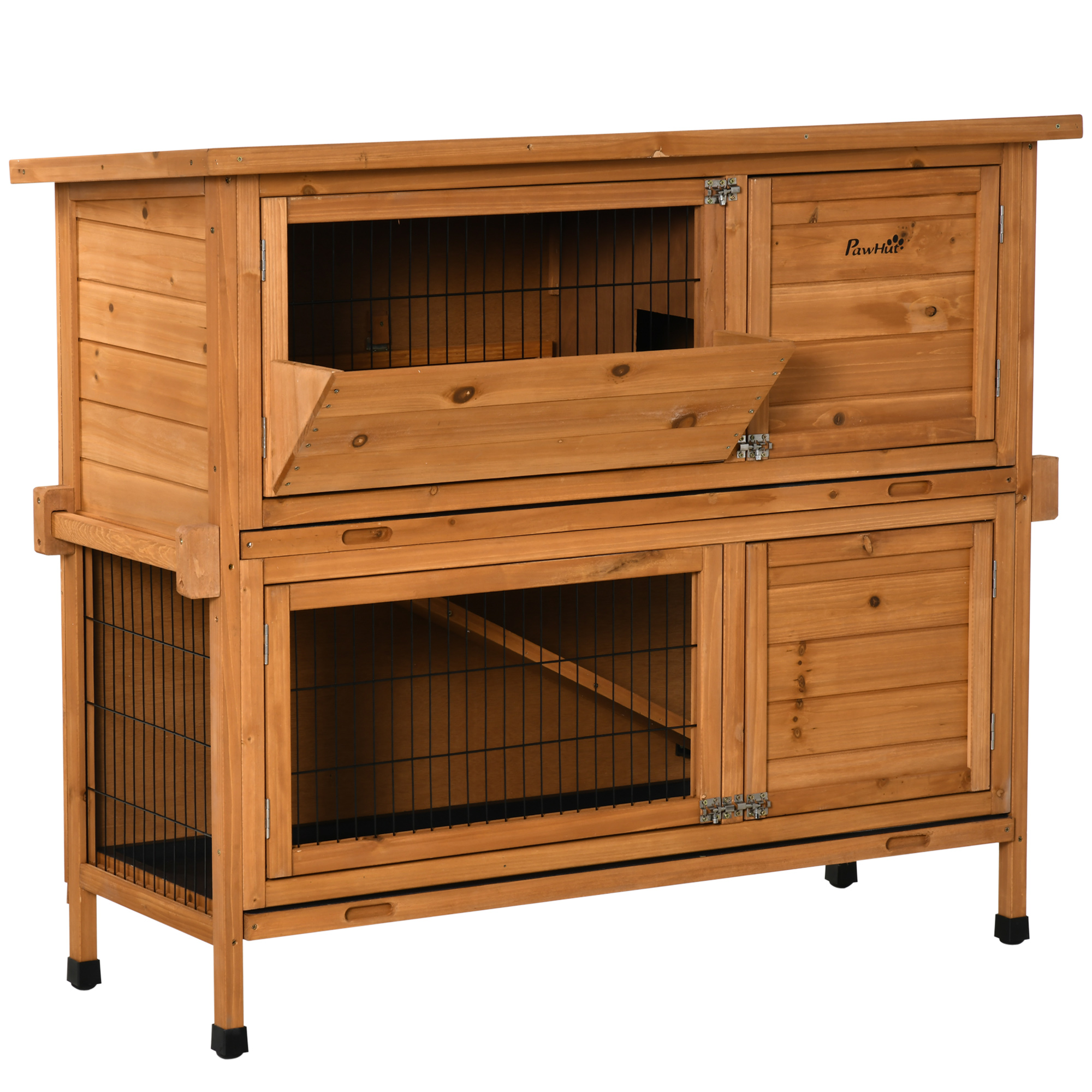 PawHut 47" 2 Story Rabbit Hutch, Wooden Bunny Cage w/ Tray, Ramp ...