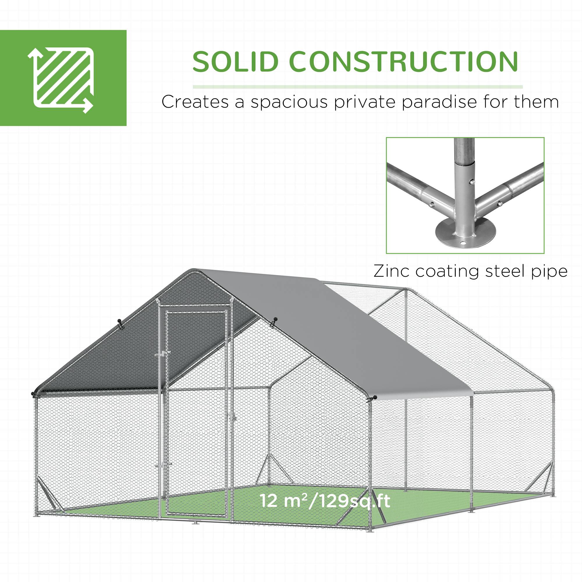 Galvanized Metal Frame Chicken Run with Cover and Lockable Door, Silver ...